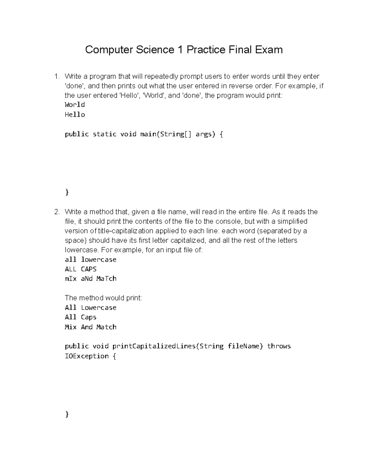 CS1 Practice Final Exam: Programming Methods & Concepts Overview - Studocu
