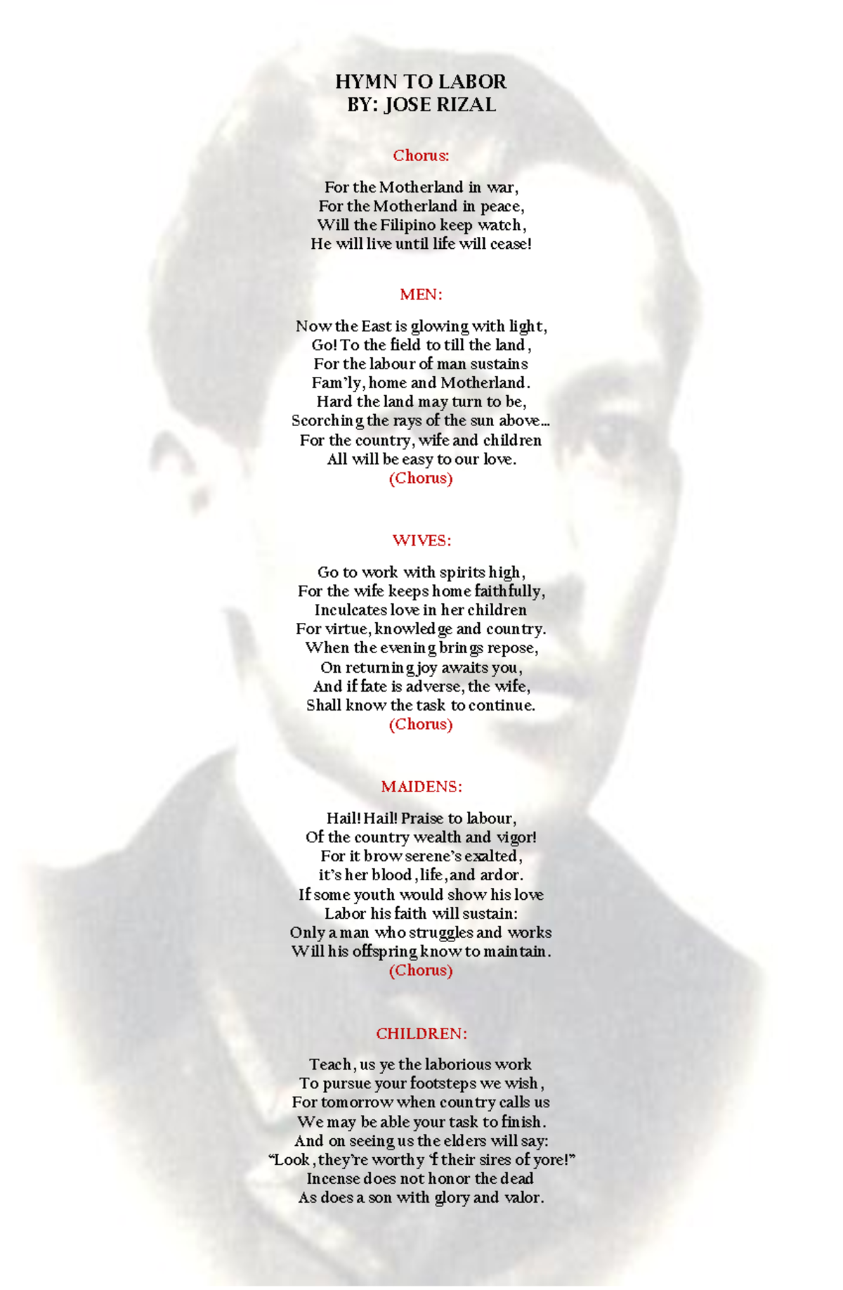 HYMN TO LABOR: JOSE RIZAL - A Tribute to Work and Nation - Studocu
