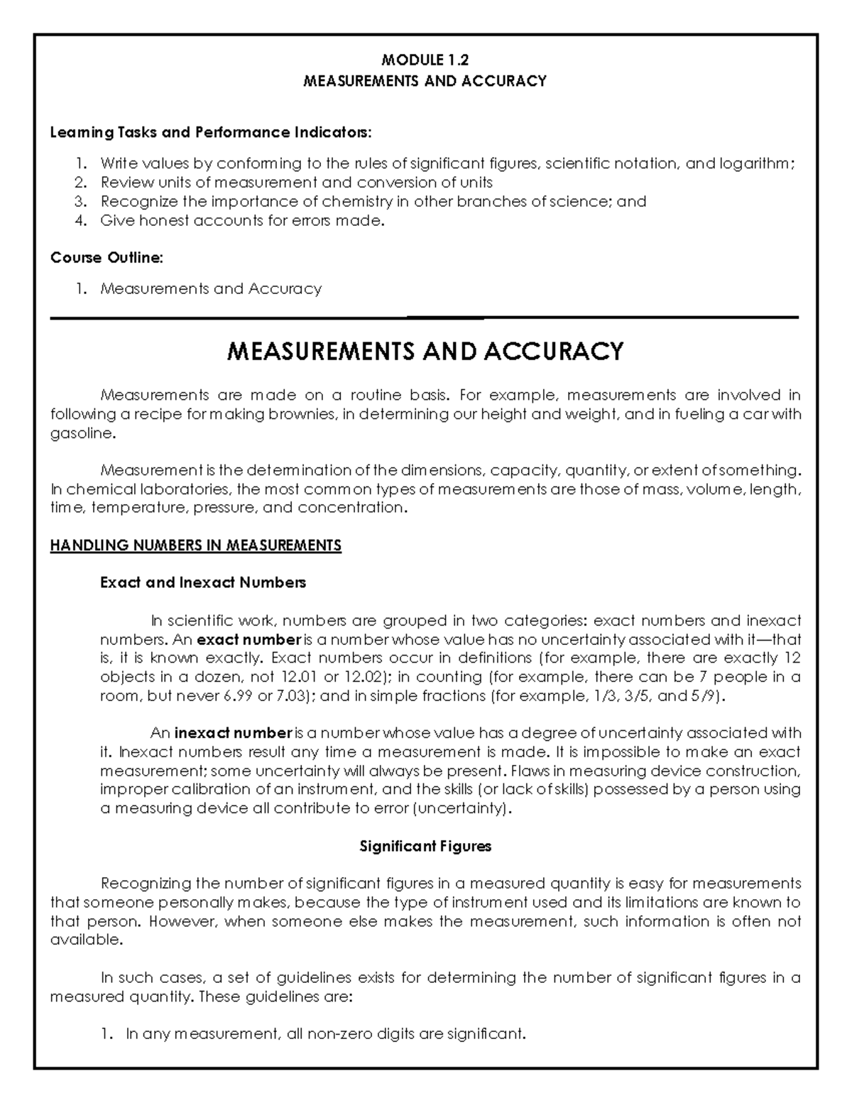 1 - Inorganic Chemistry - MODULE 1. MEASUREMENTS AND ACCURACY Learning ...