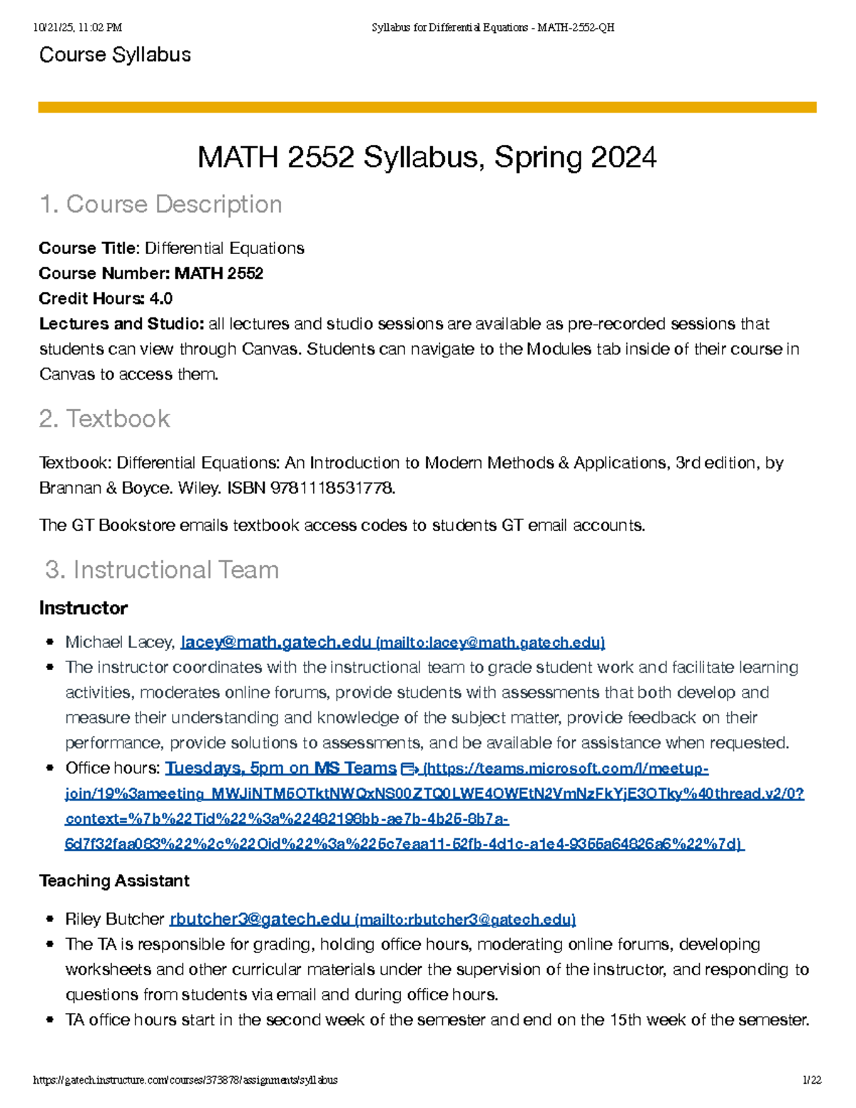 Syllabus for Differential Equations - MATH 2552 Spring 2024 - Studocu