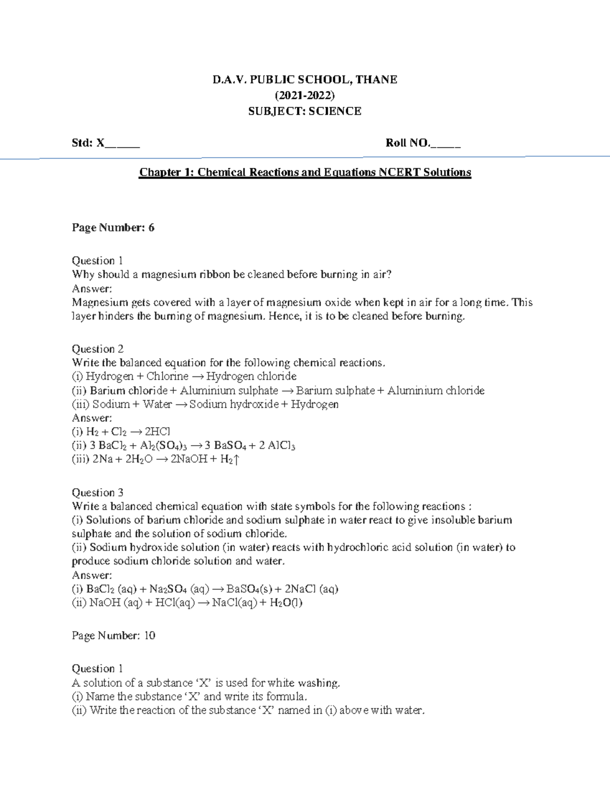 NCERT Solutions for Chemical Reactions & Equations - Science Std 10 ...