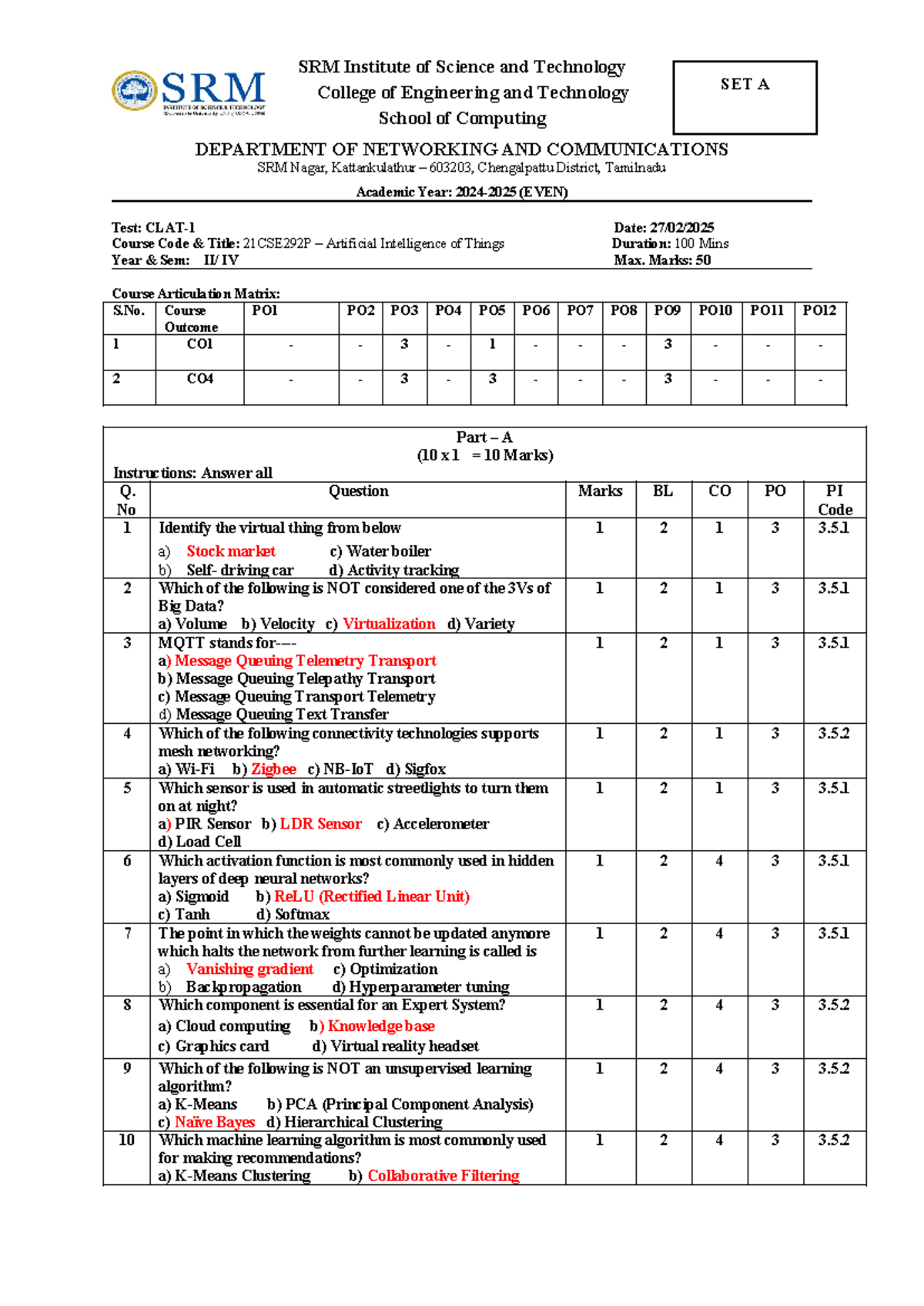 21CSE292P AI of Things: Set A Test Answer Key and Solutions - Studocu