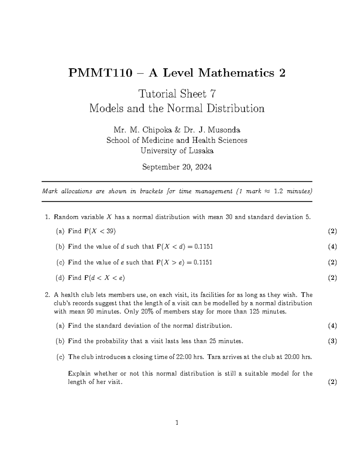 PMMT110 Tutorial Sheet 7: Normal Distribution Models Explained - Studocu