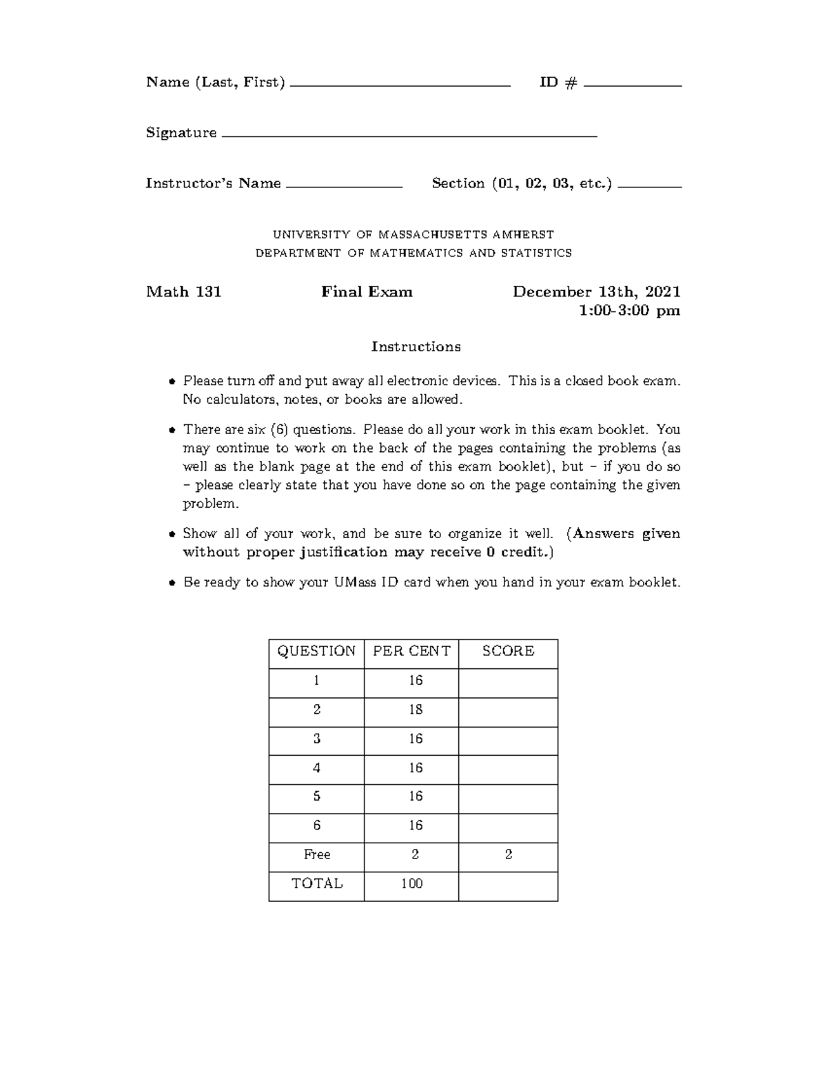 Math 131 Final Exam Instructions and Questions - December 2021 - Studocu