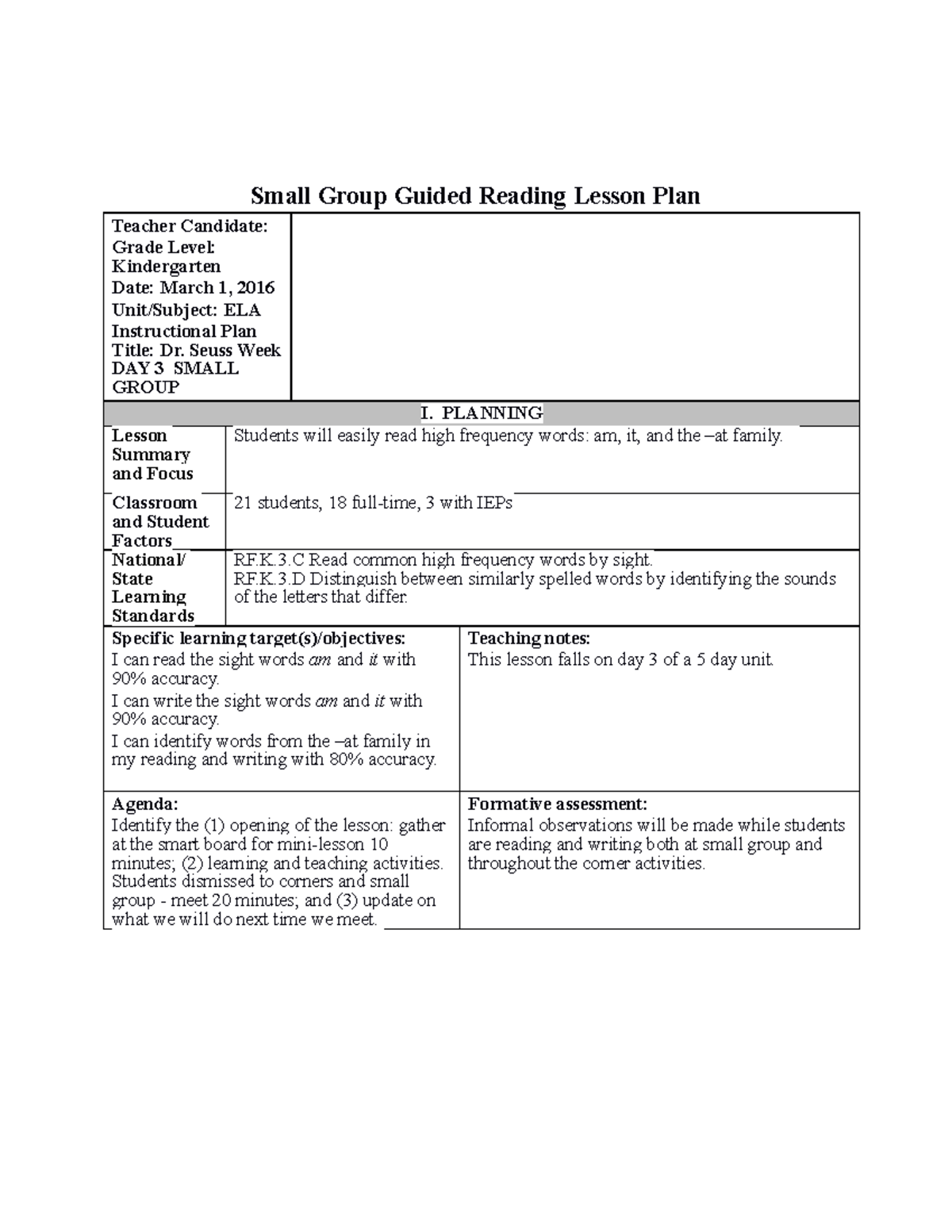 Small Group Guided Ready Lesson Plan - Small Group Guided Reading ...