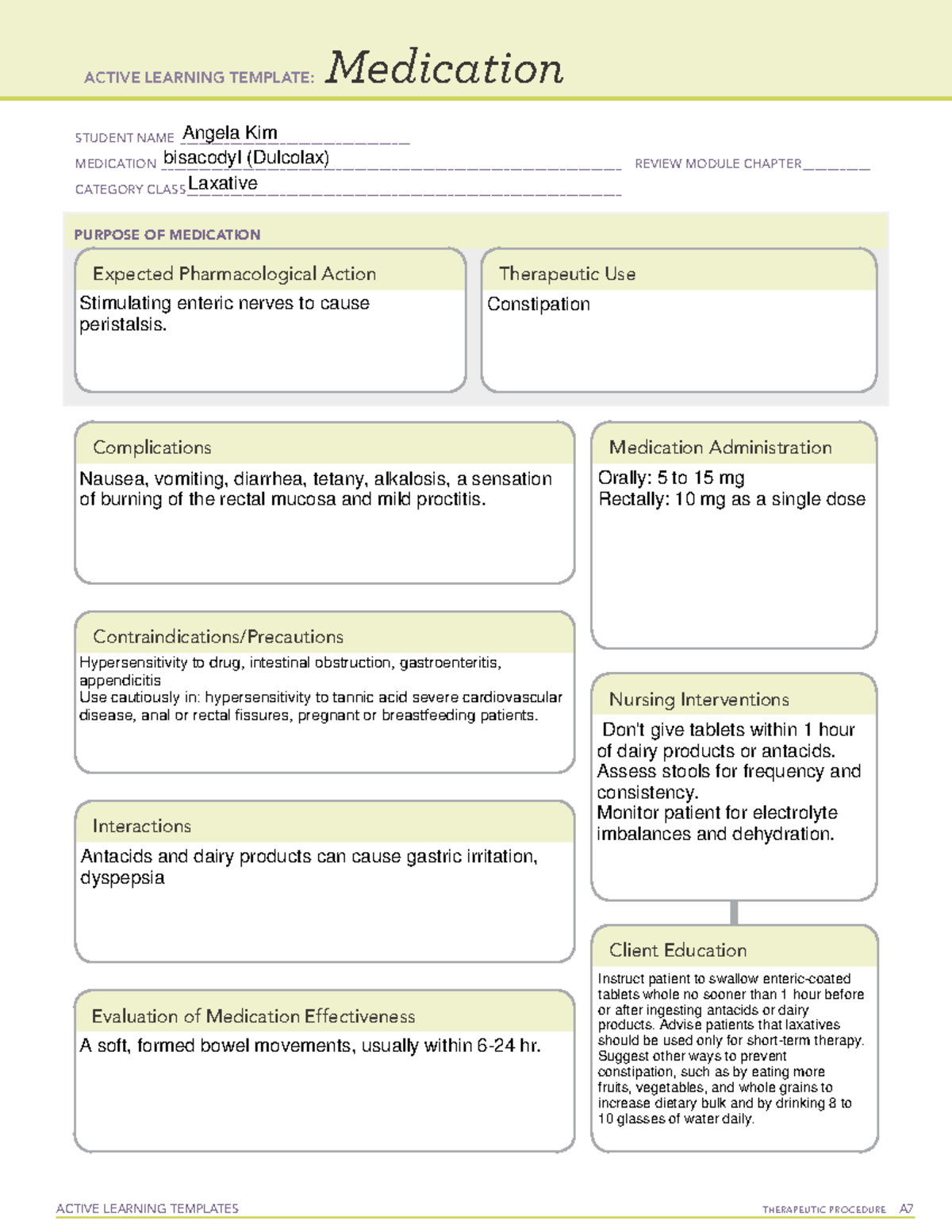 Bisacodyl (Dulcolax) ATI: Active Learning Template for Nursing Care ...