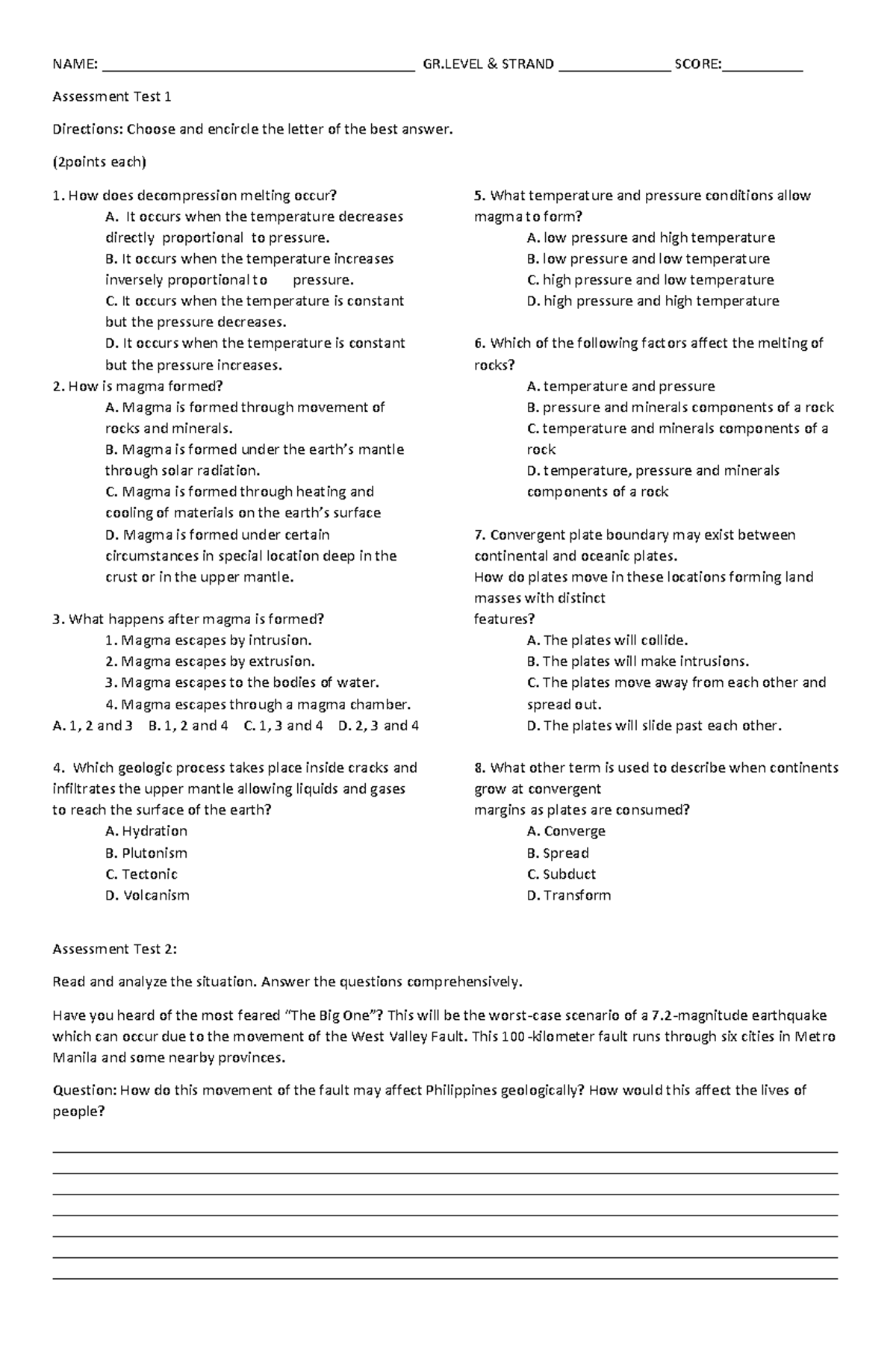 Assessment test-SCIENCE - NAME ...