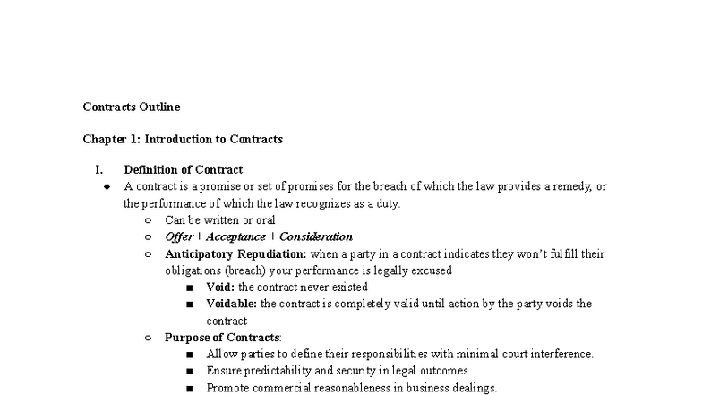 Contracts Outline - Contracts Outline Chapter 1: Introduction to ...