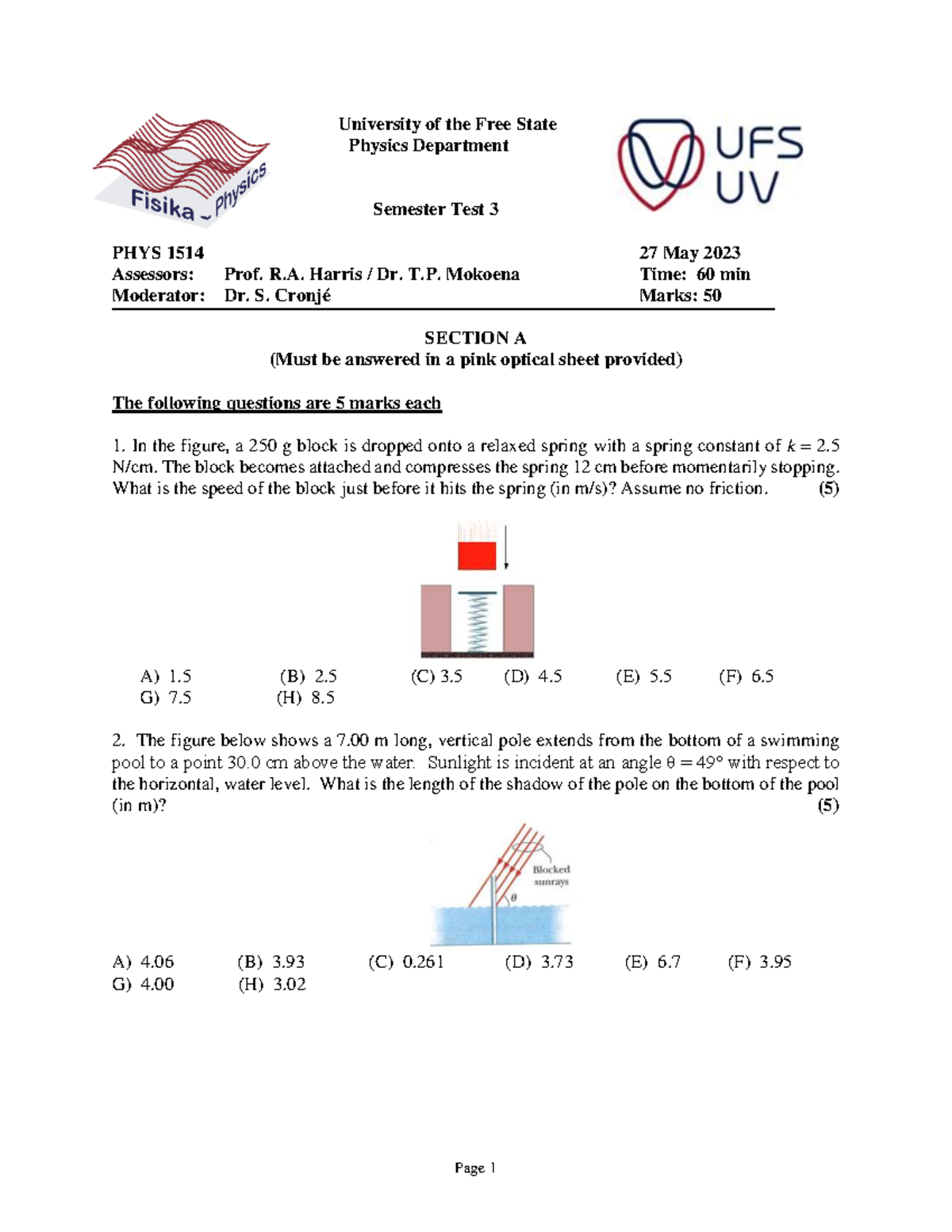 Physics Semester Test 3 - PHYS 1514 - University of the Free State ...