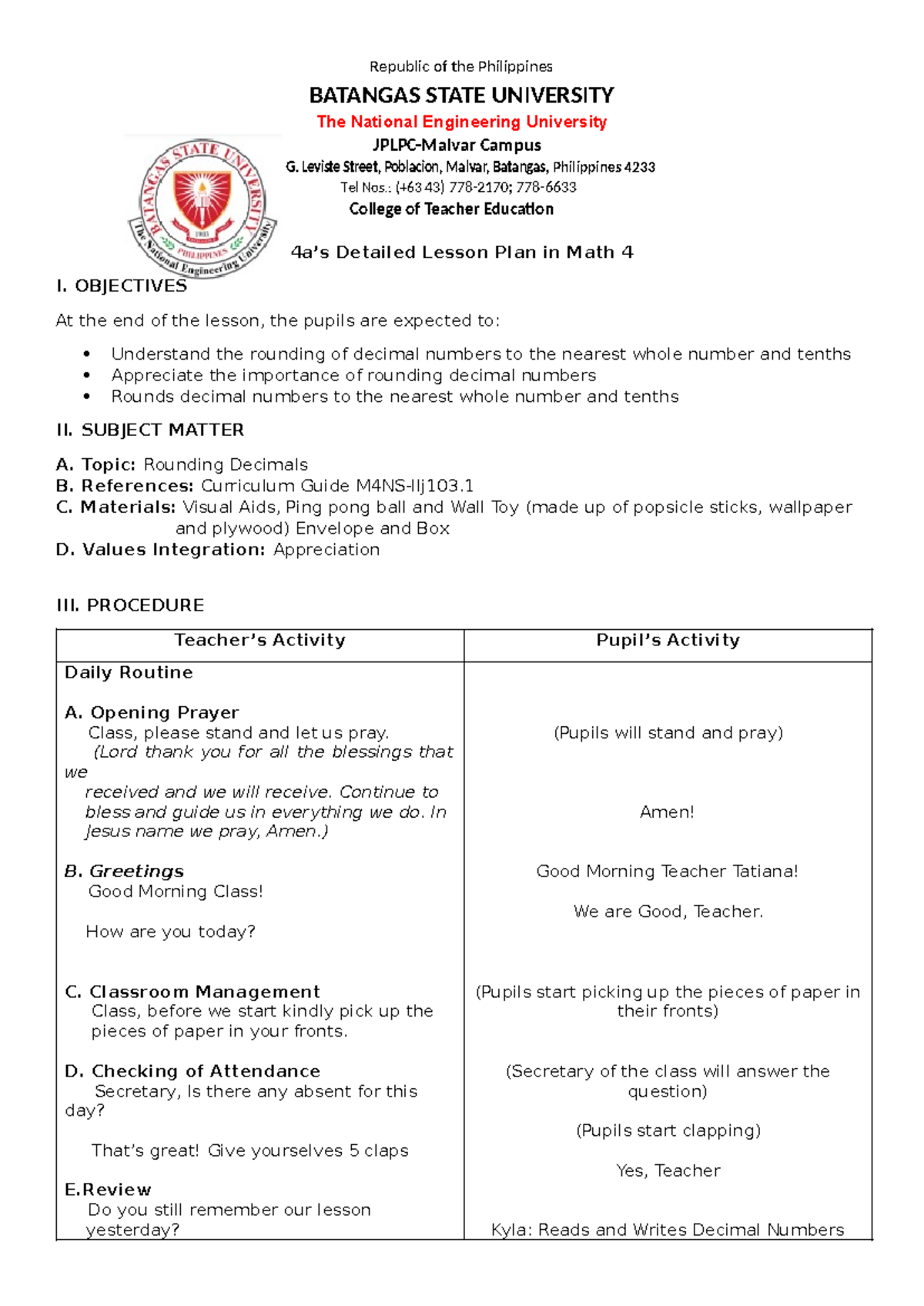 4AS Detailed Lesson Plan: Rounding Decimals in Math 4 - Studocu