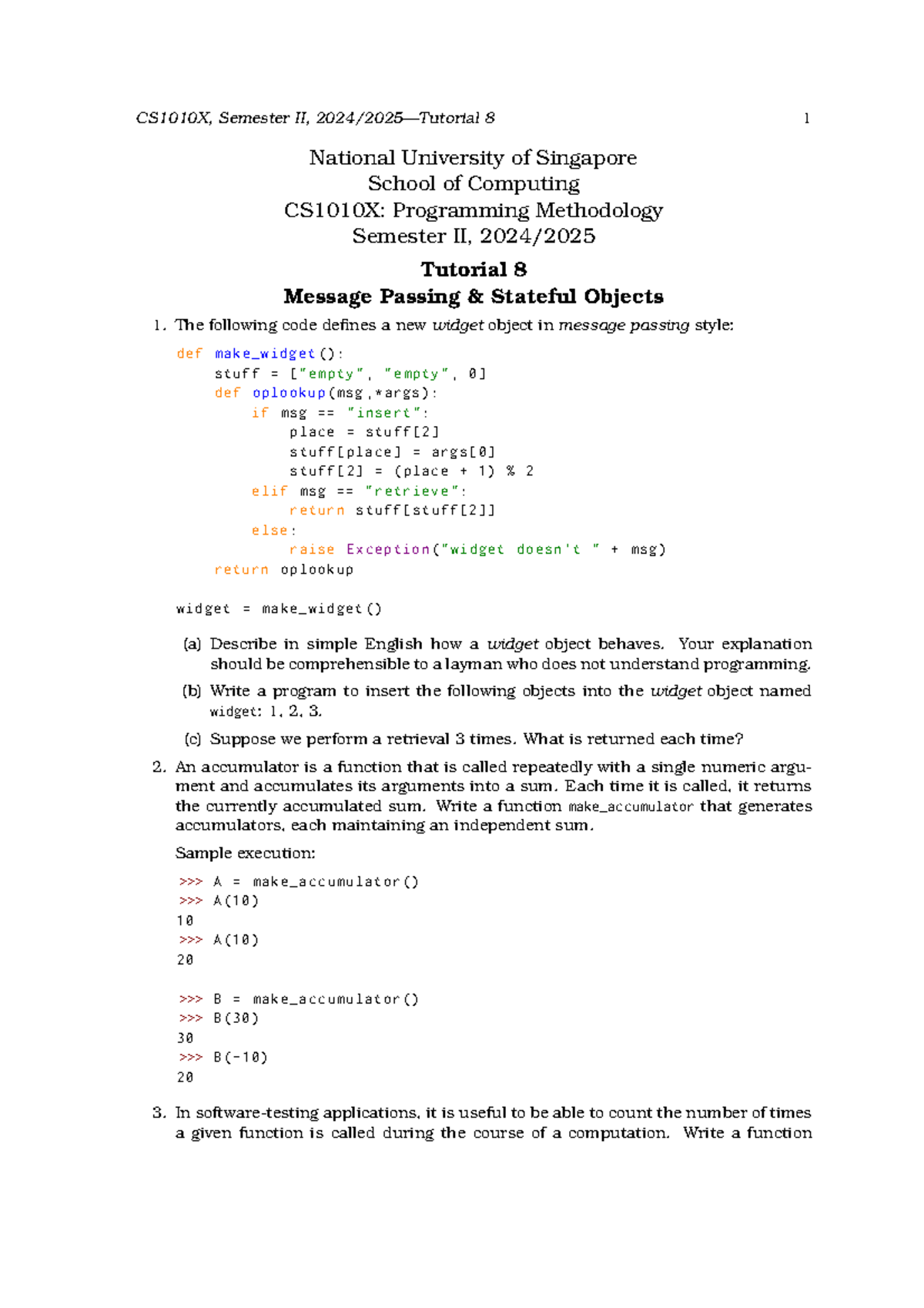 CS1010X Semester II Tutorial 8: Message Passing & Accumulator Functions - Studocu