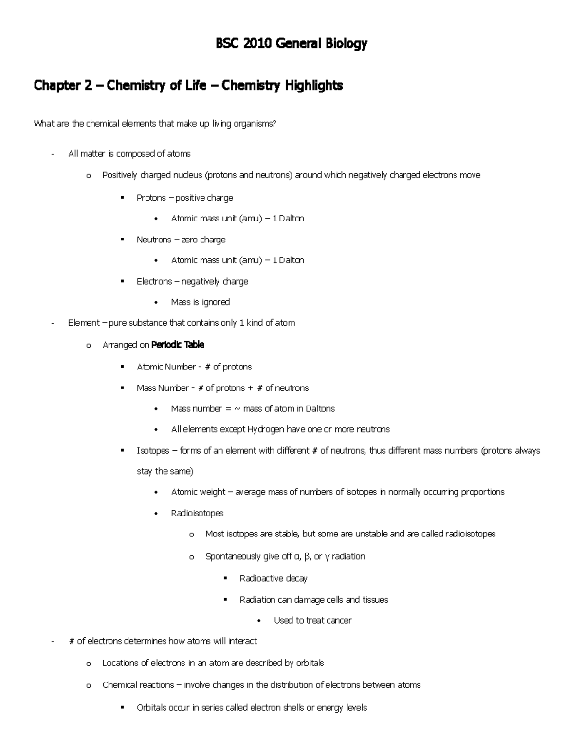 BSC 2010 General Biology Chapter 2 - Chemistry of Life Insights - Studocu