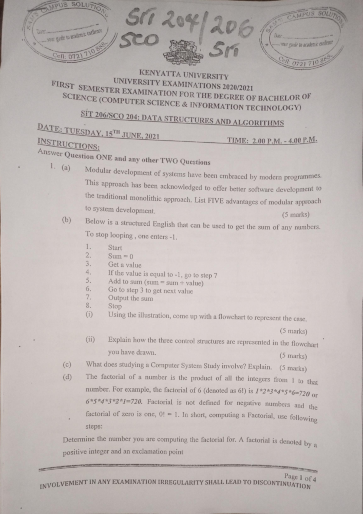 SCO 204 PP - Data Structures & Algorithms Past Examination Papers - Studocu