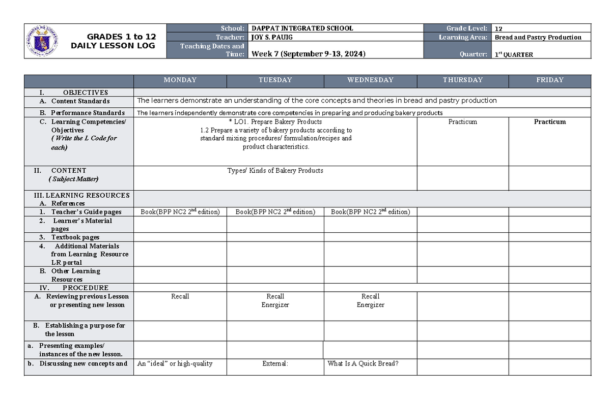 DLL BPP NC2 Week 7 Lesson Log: Bread and Pastry Production - Studocu