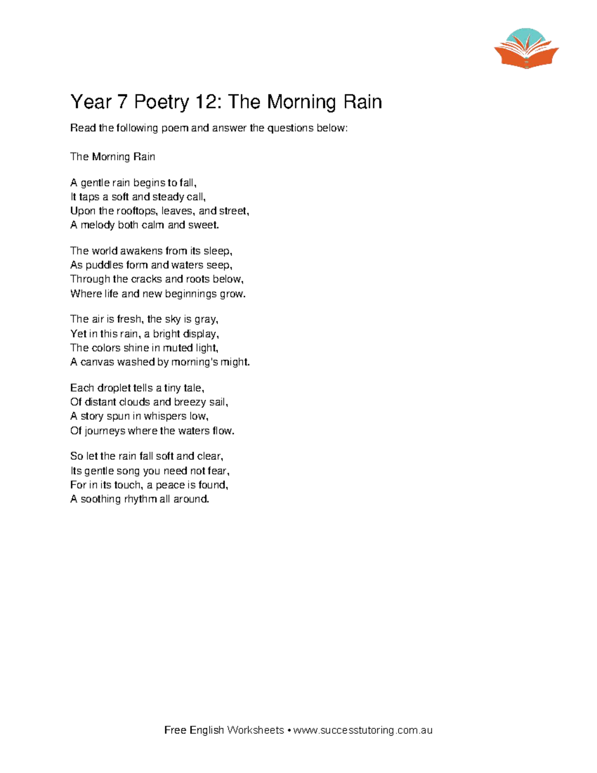 Year 7 Poetry 12: Analyzing "The Morning Rain" Poem and Questions - Studocu