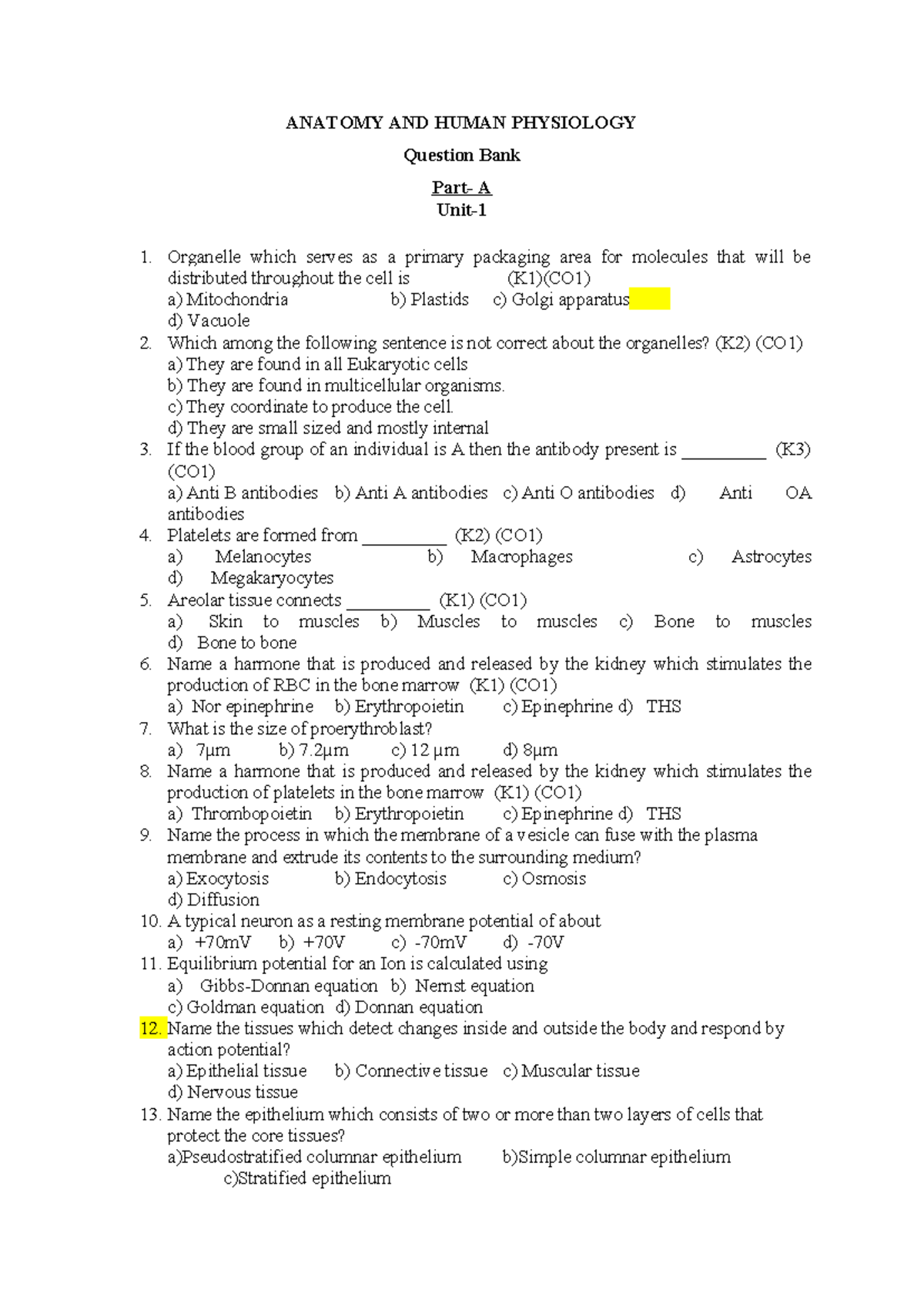 AHP UNIT 1 - Anatomy and Human Physiology Question Bank - Studocu