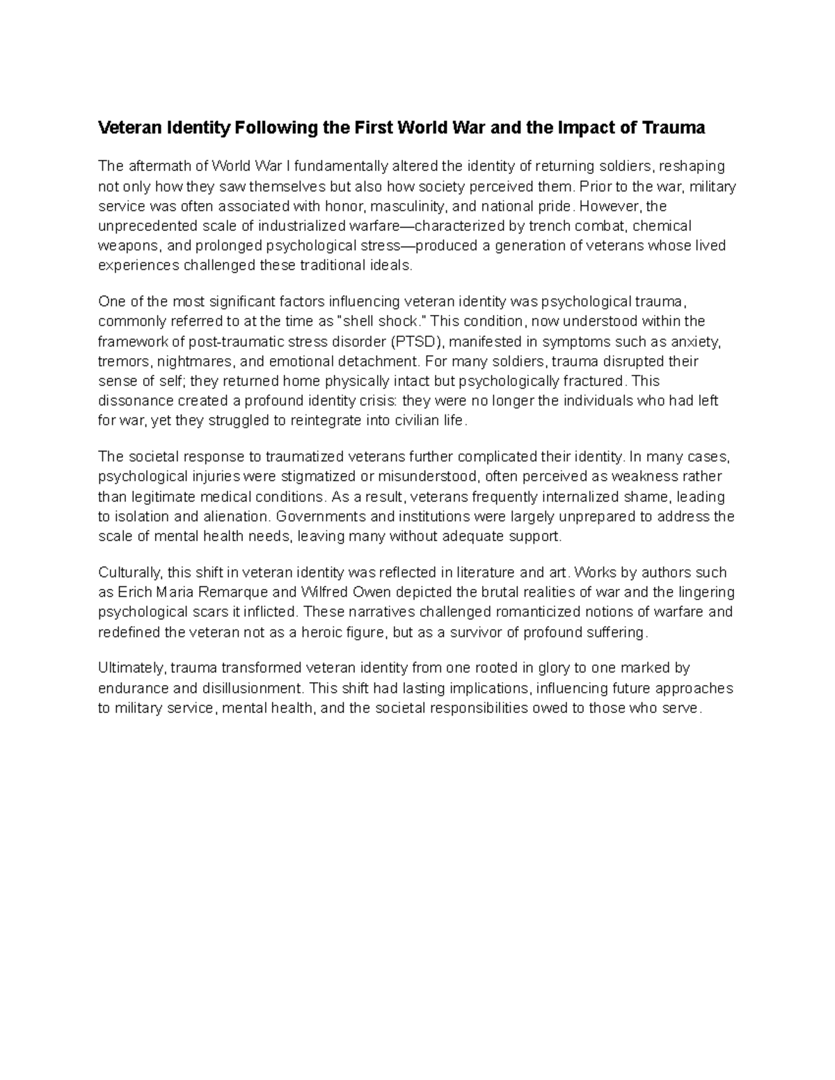 Veteran Identity & Trauma Post-WWI: A Transformative Analysis - Studocu