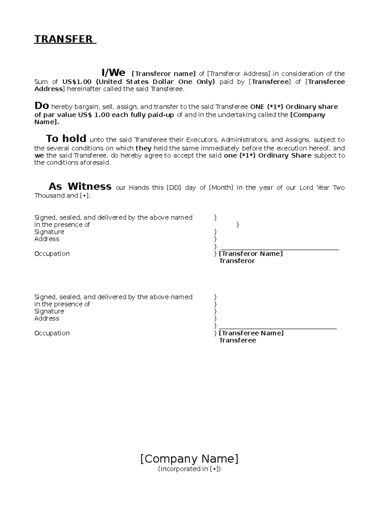 Transfer of Shares Agreement Template - [Company Name] - Studocu