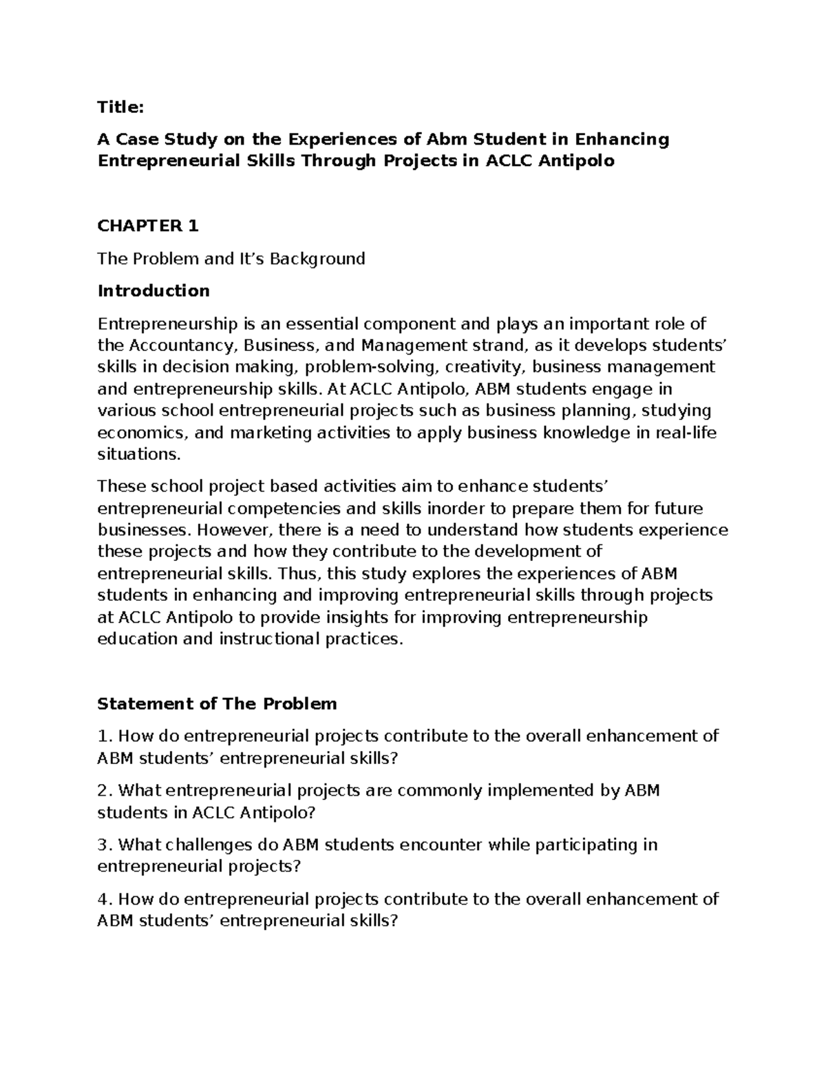 ABM Case Study: Enhancing Entrepreneurial Skills Through Projects at ...