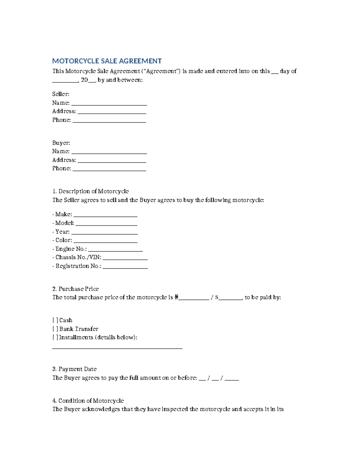 Motorcycle Sale Agreement Template for Buyers and Sellers - Studocu