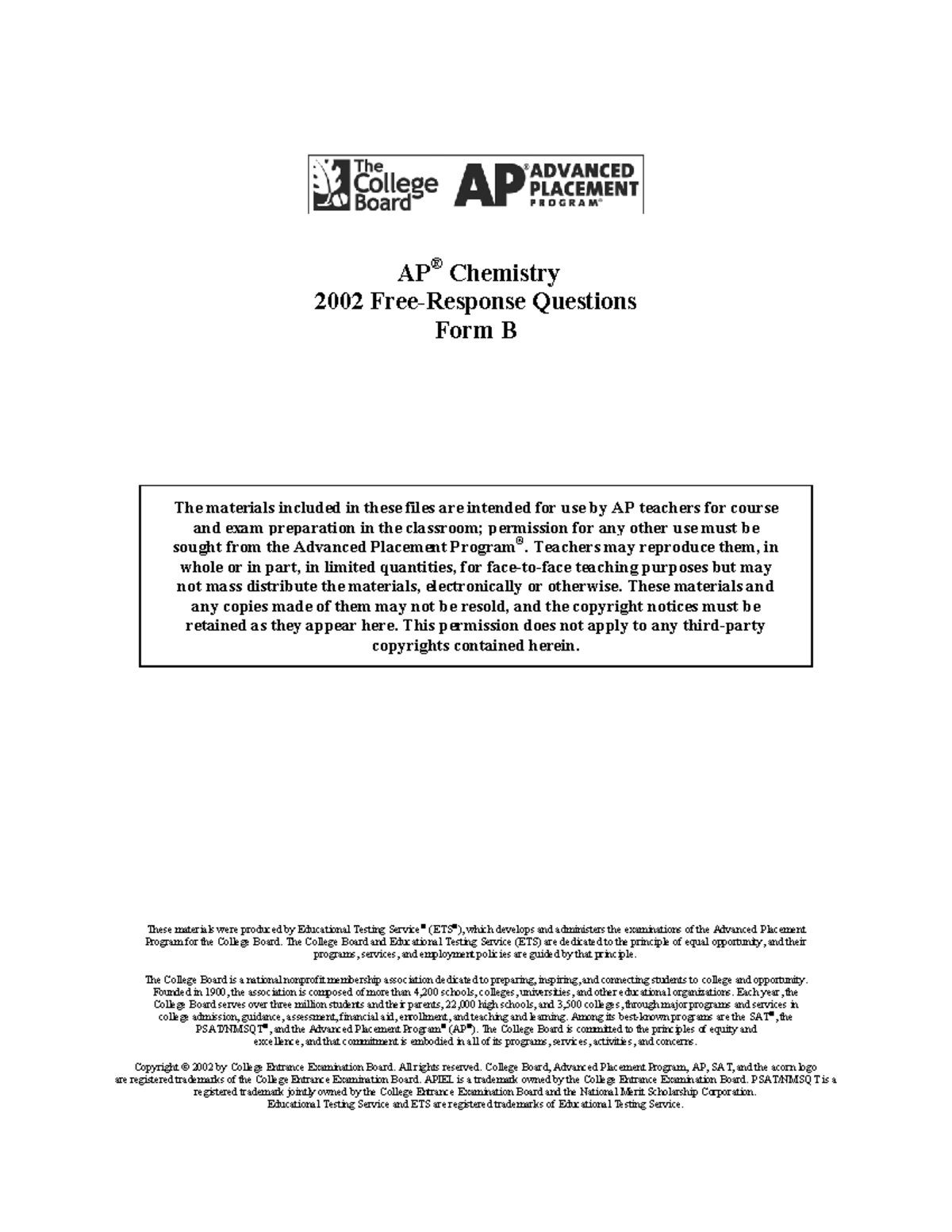 AP Chemistry 2002 Exam Questions (Form B) and Key Concepts - Studocu