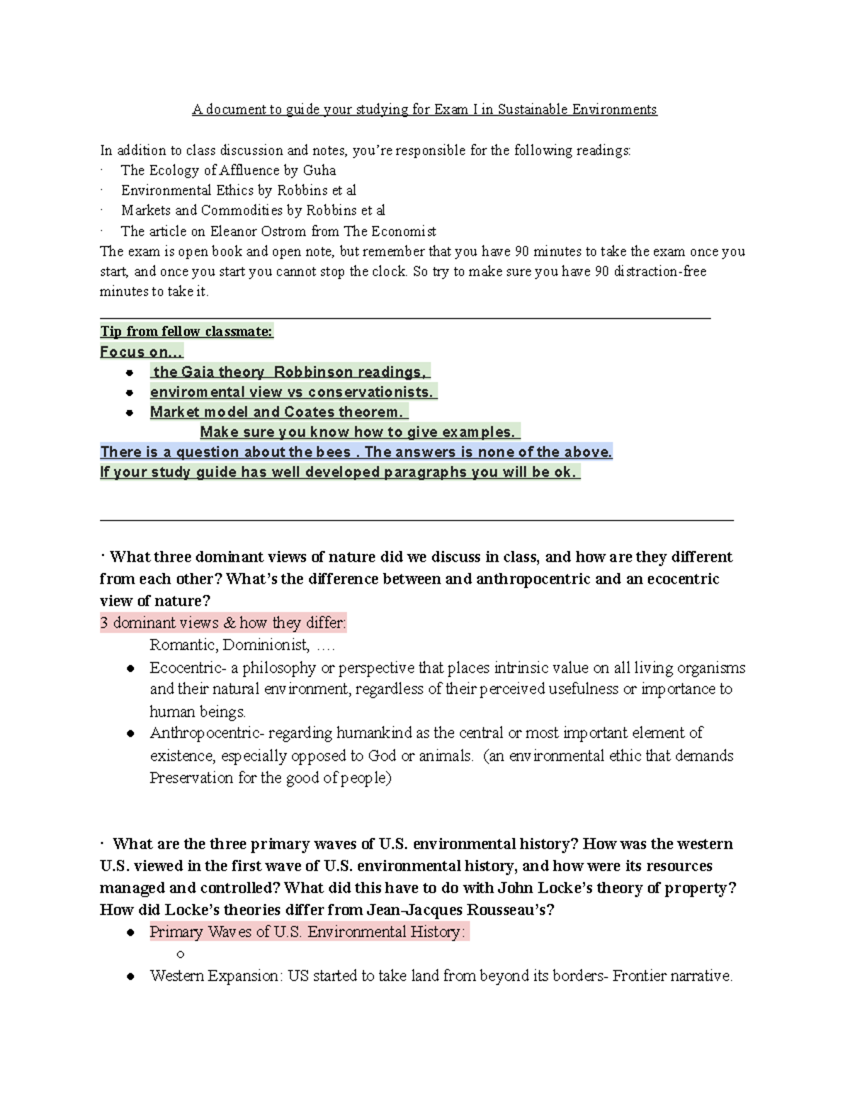 SUSTAIN 101: Study Guide for Exam I on Sustainable Environments - Studocu