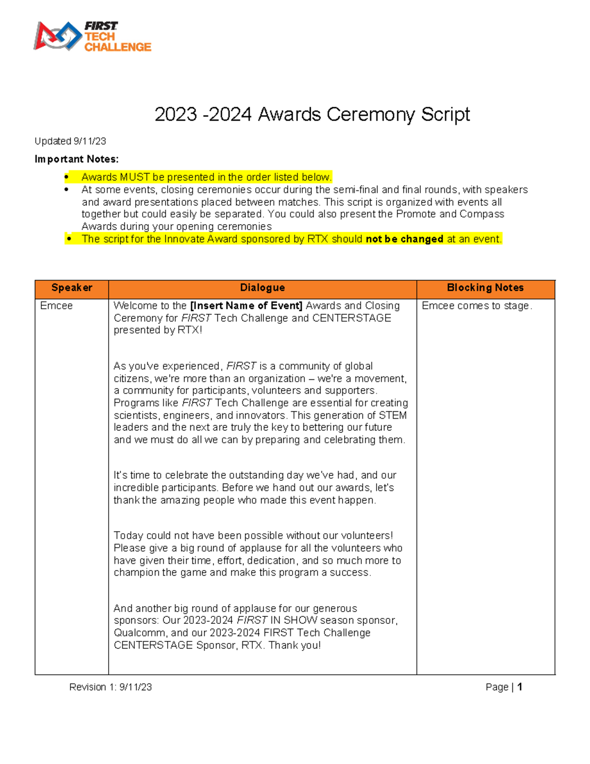 2023-2024 FIRST Tech Challenge Awards Ceremony Script - Studocu