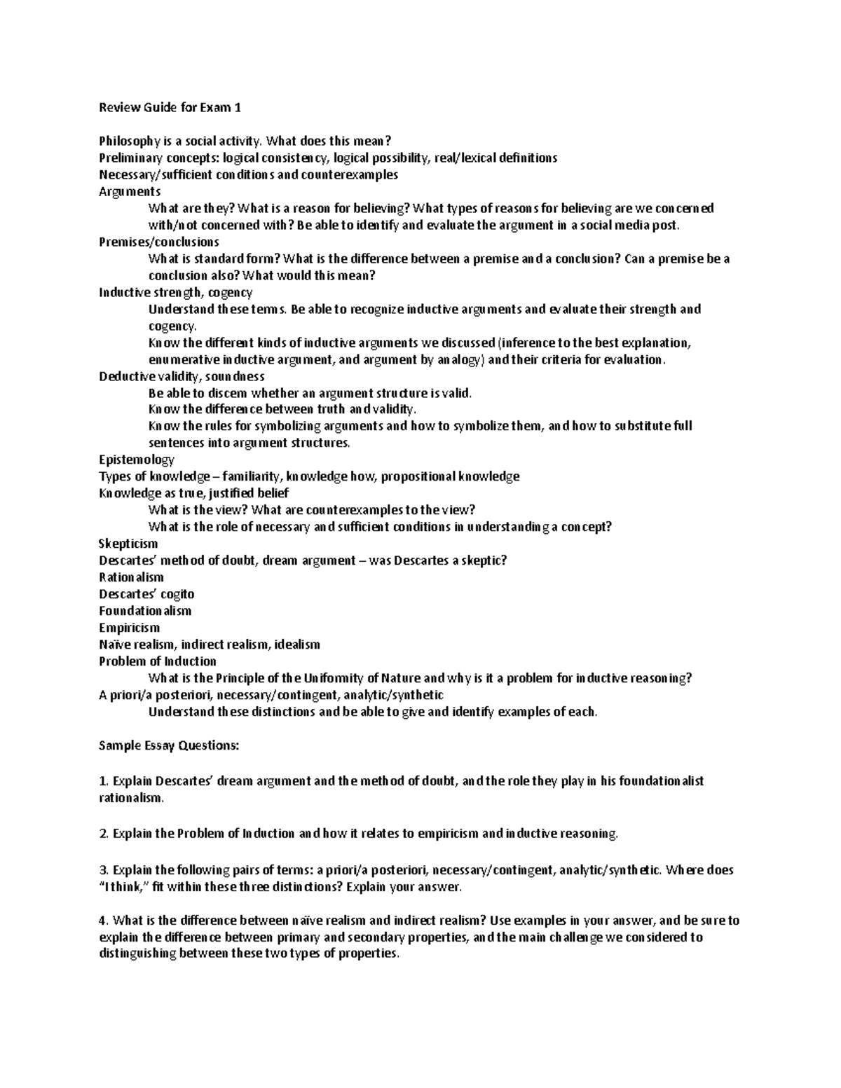 Review Guide for Philosophy Exam 1: Arguments, Knowledge & Skepticism ...