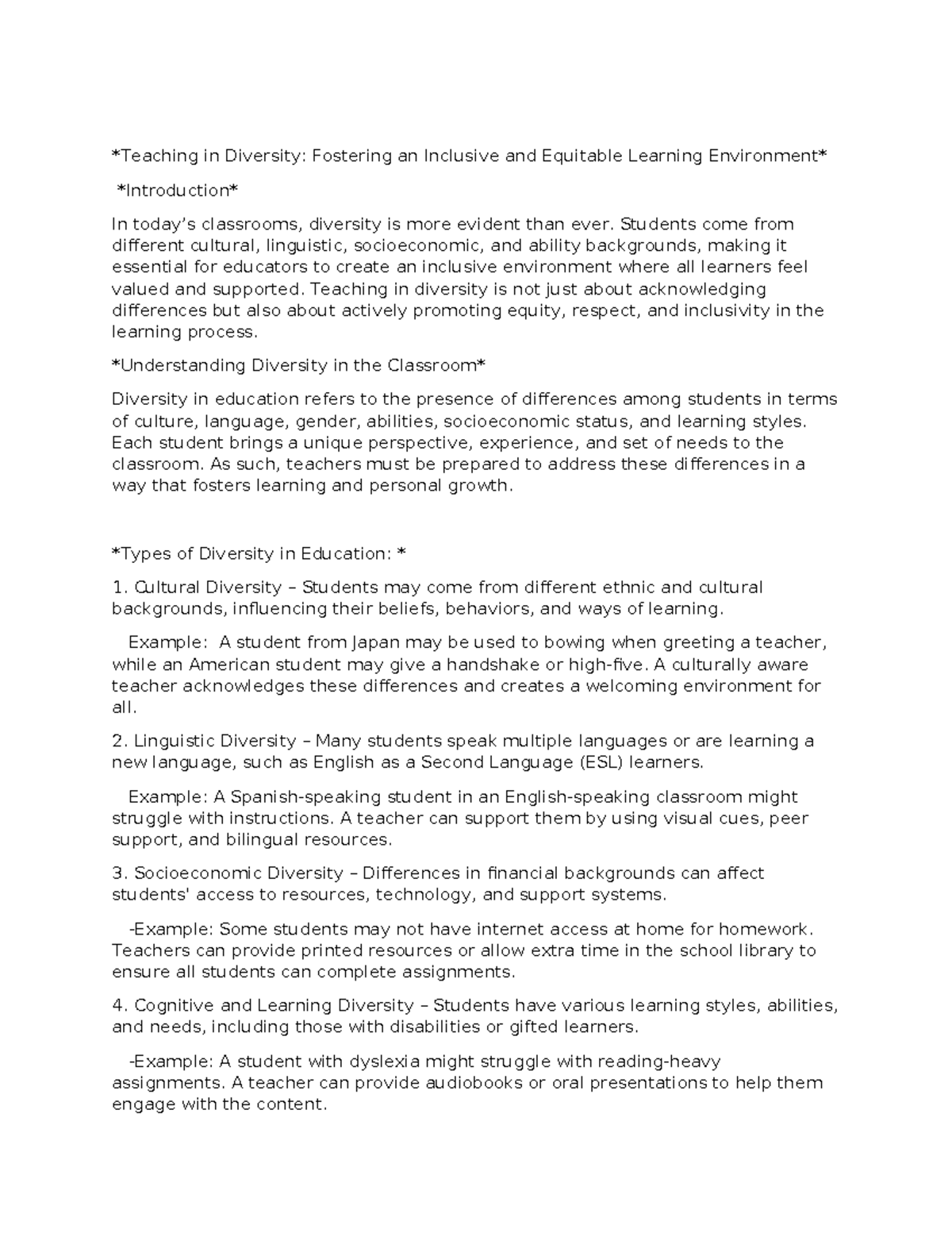 Teaching in Diversity: Strategies for an Inclusive Learning Environment ...