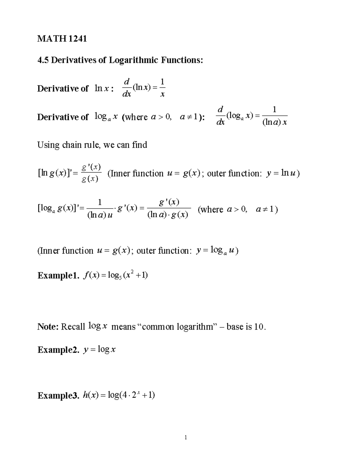 MATH 1241 Practice on Derivatives of Logarithmic Functions - Studocu