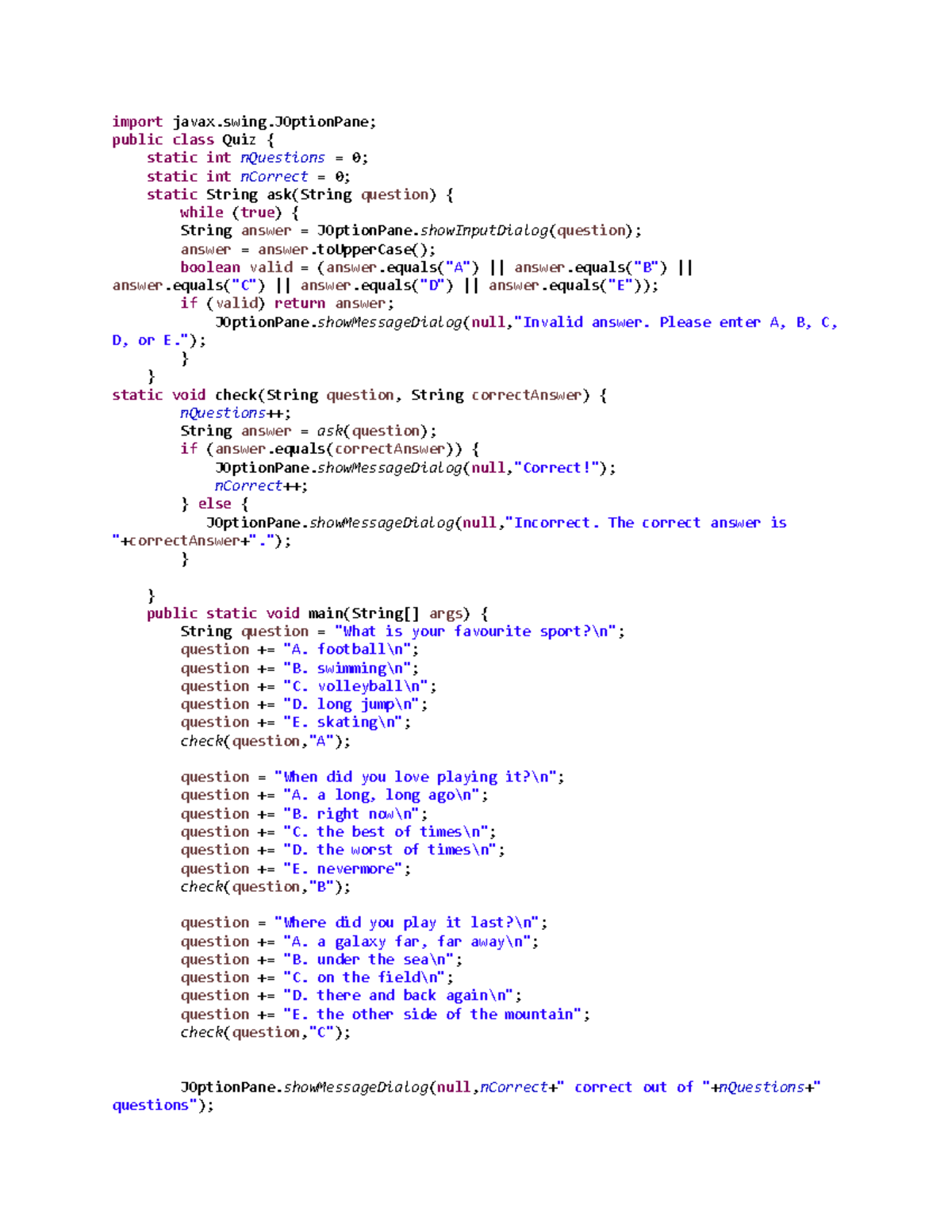 Programming Assign. Unit 3 Solution - Quiz Implementation in Java - Studocu