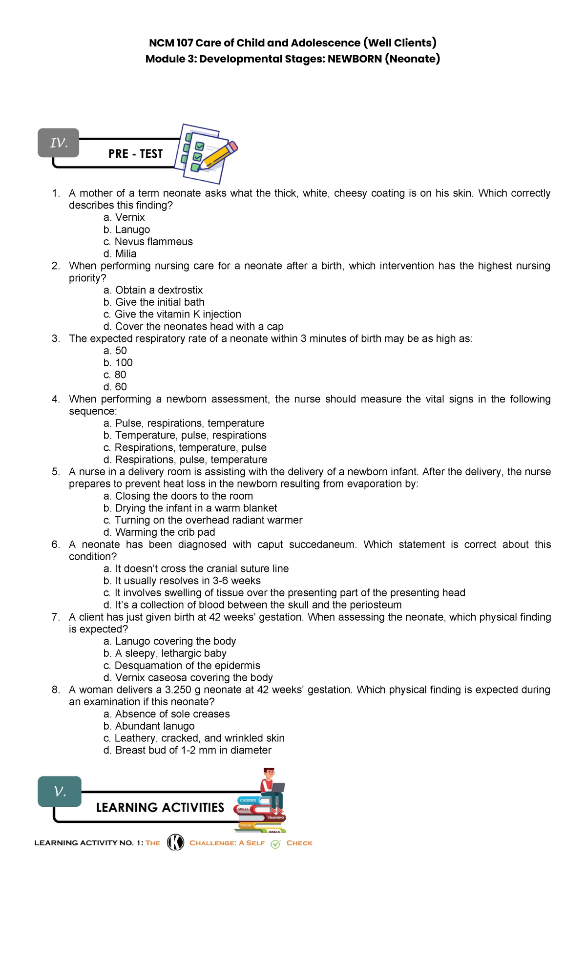 NCM 107 Child Care Module 3: Neonate Development Assessment Answers ...