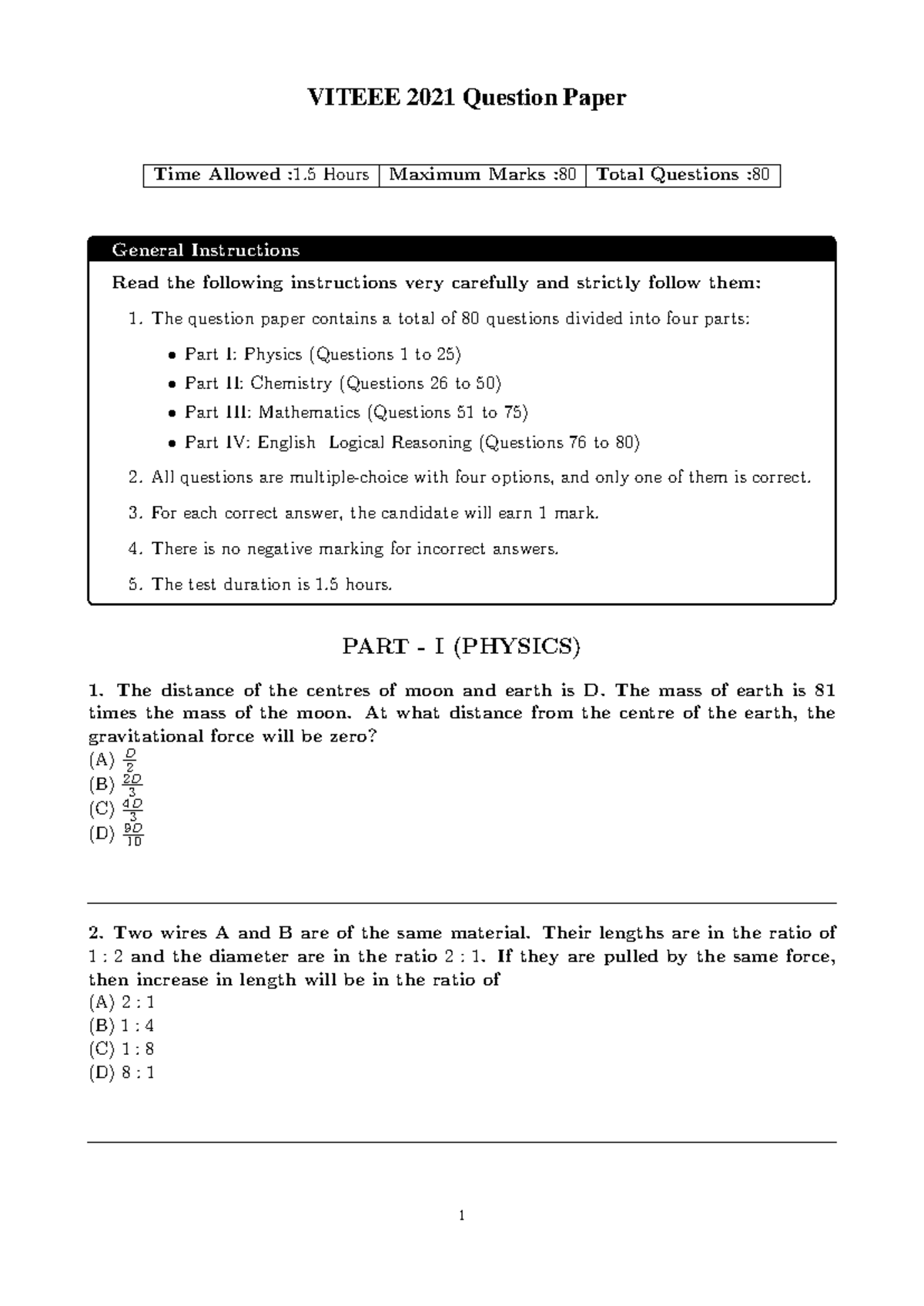 VITEEE 2021 Final Exam Question Paper - 1.5 Hours, 80 Marks - Studocu