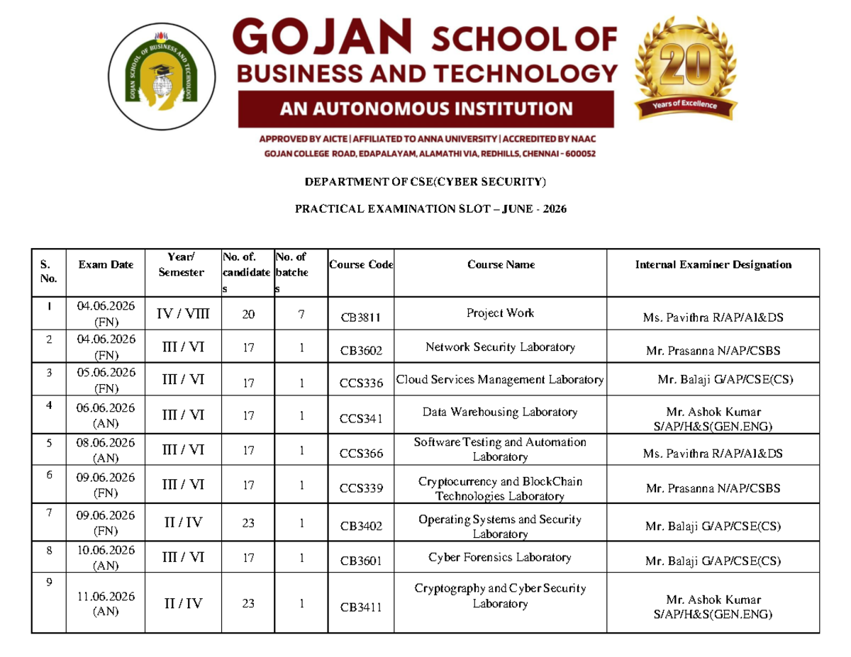 CSE(CS) Practical Exam Slot Schedule for June 2026 - Studocu