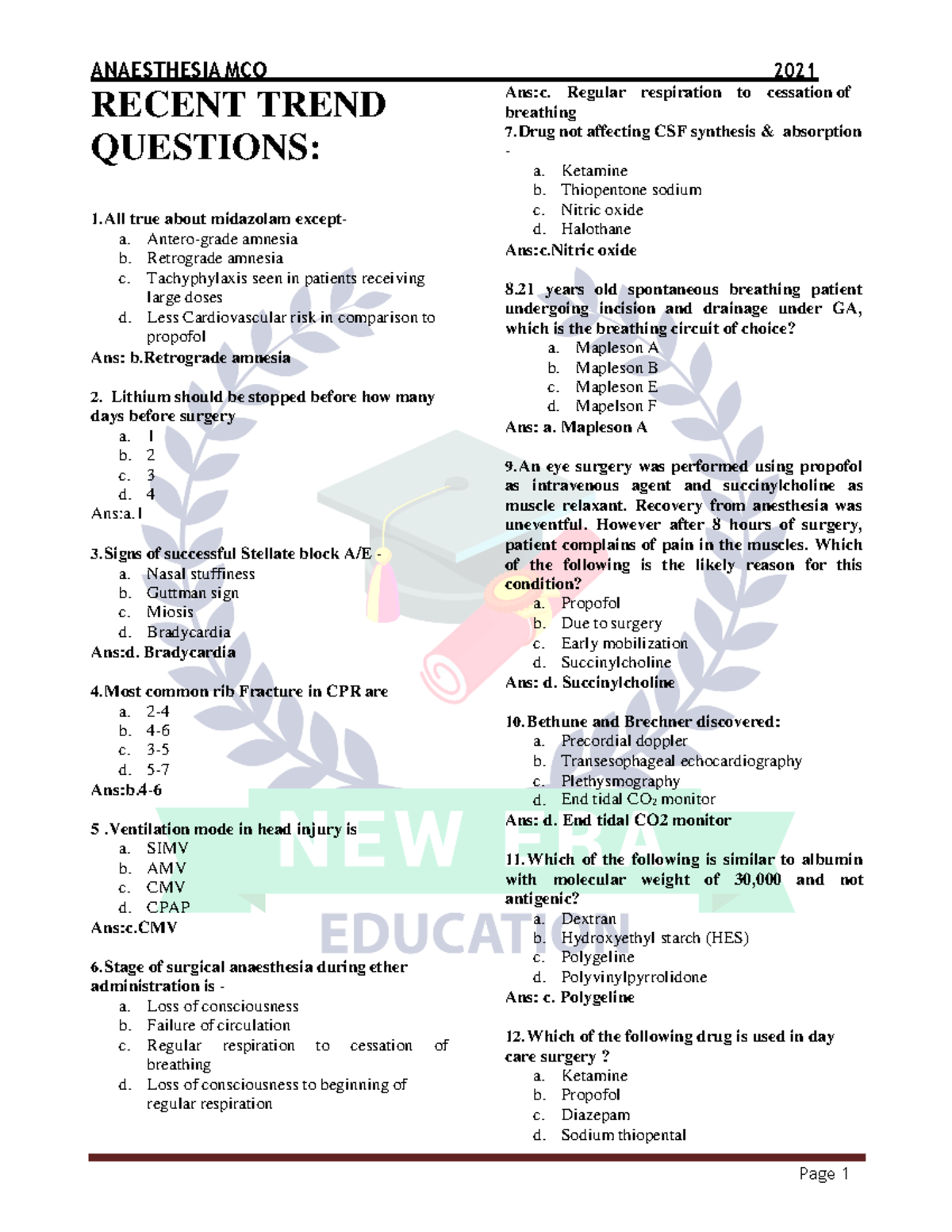 Anaesthesia MCQ 2021: Comprehensive Study Guide and Notes - Studocu