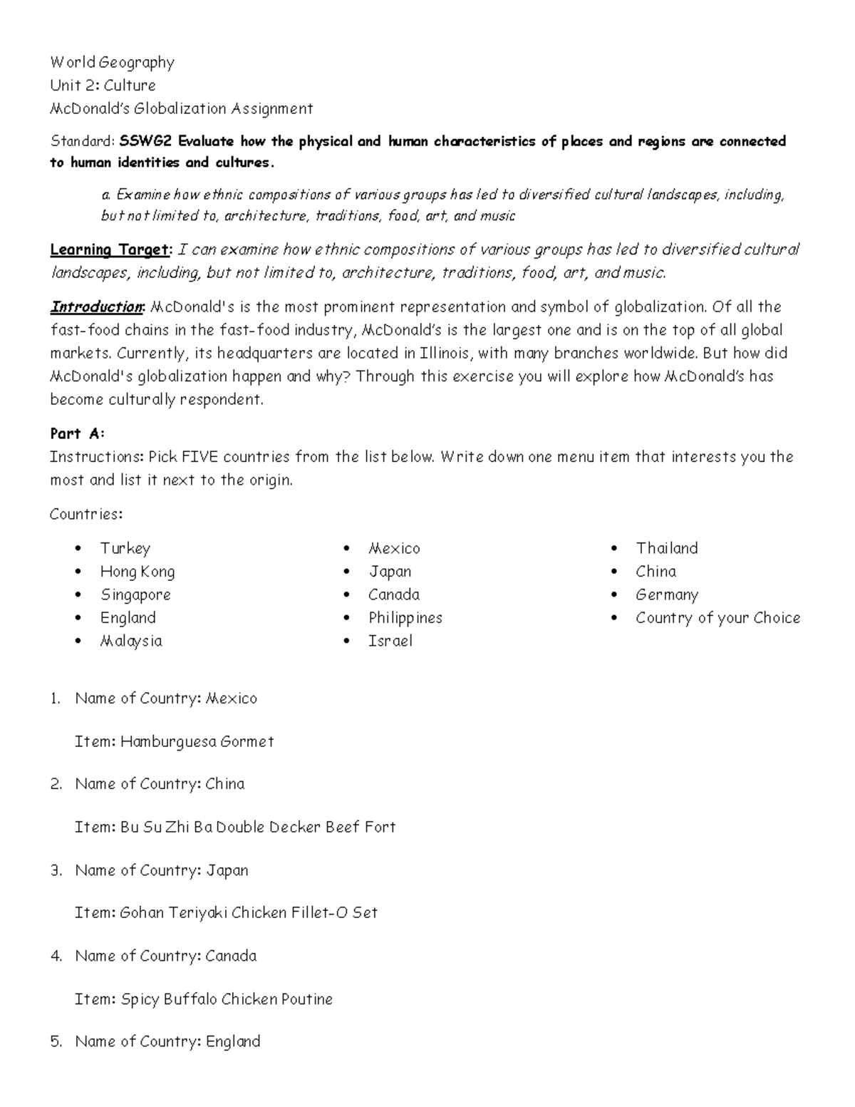 World Geography SSWG2: Globalization & Cultural Landscapes Assignment ...