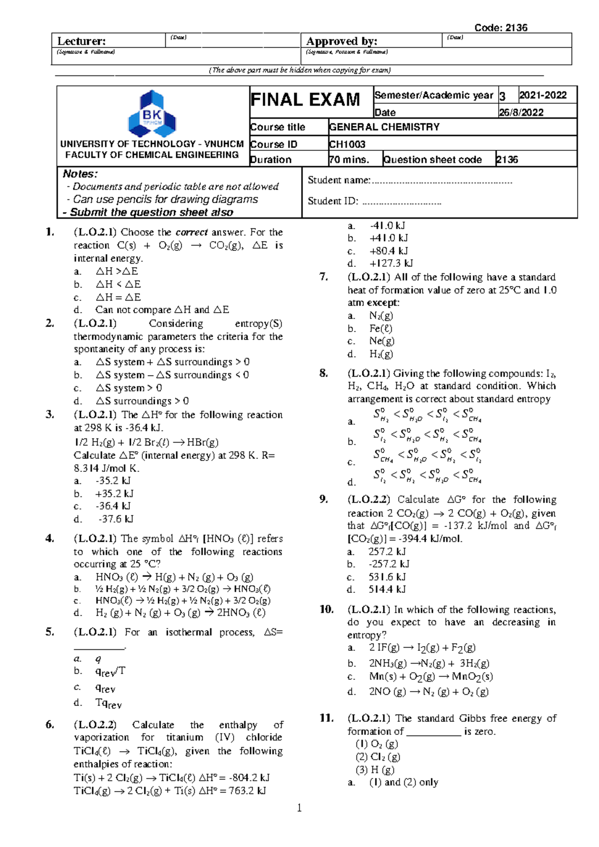 Final Exam Notes: General Chemistry CH1003 - Code 2136 - Studocu