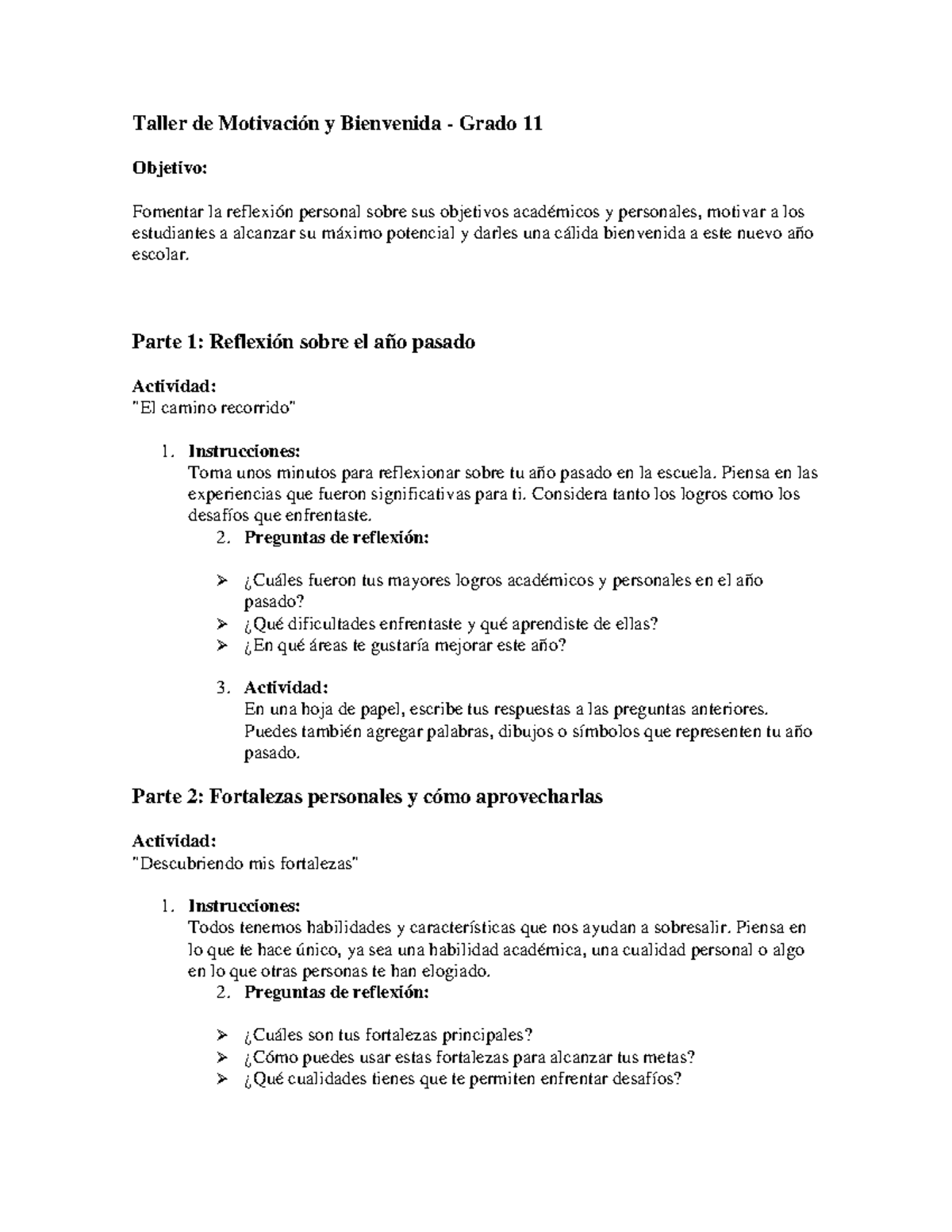 Taller de Motivación y Bienvenida - Parte 1: Reflexión sobre el año ...
