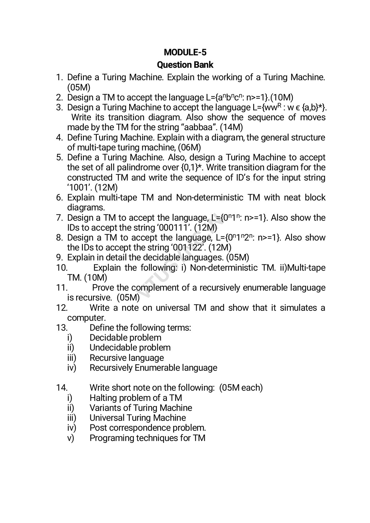 TOC QB M-5: Important Questions on Turing Machines and Languages - Studocu