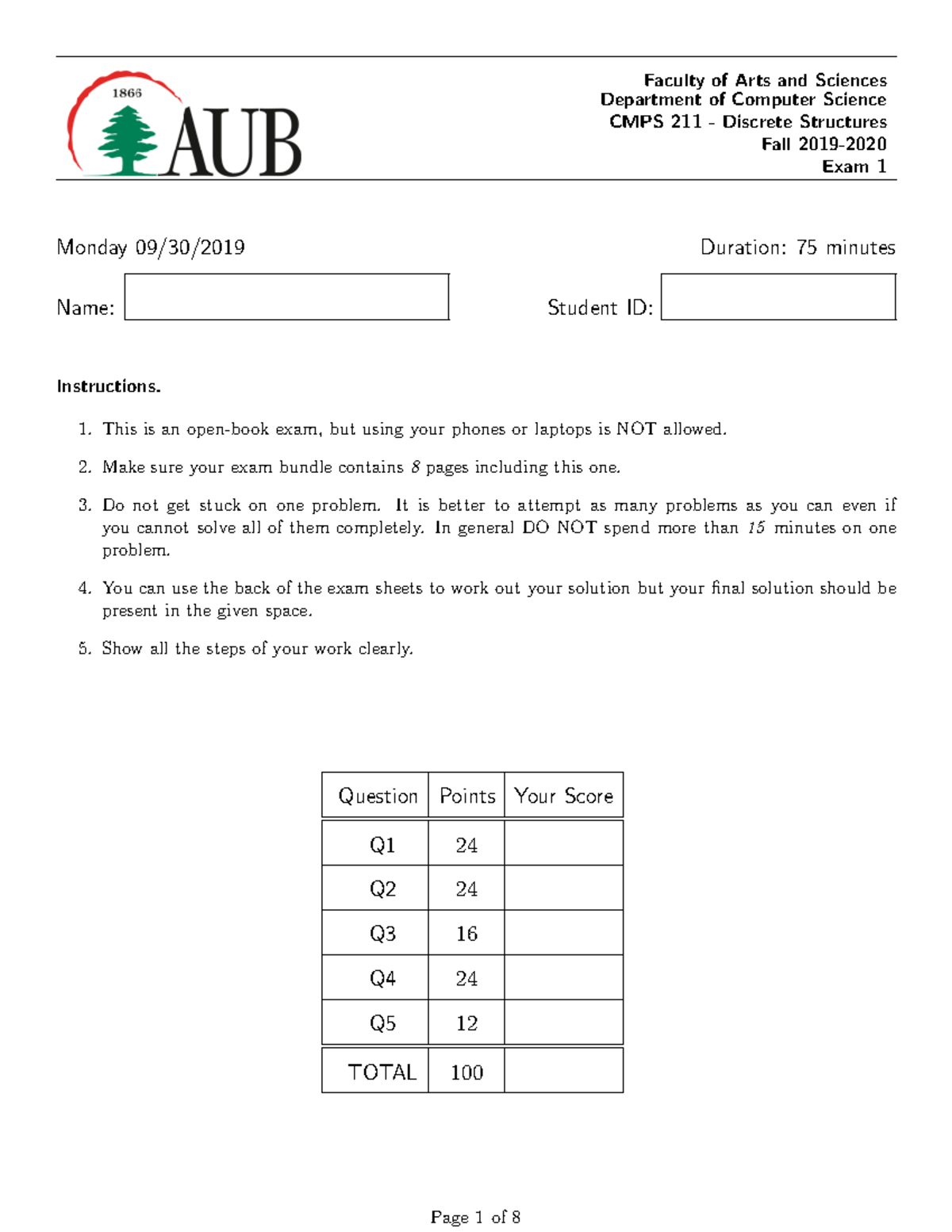 CMPS 211 Discrete Structures Fall Exam 1 - 2019 - Studocu