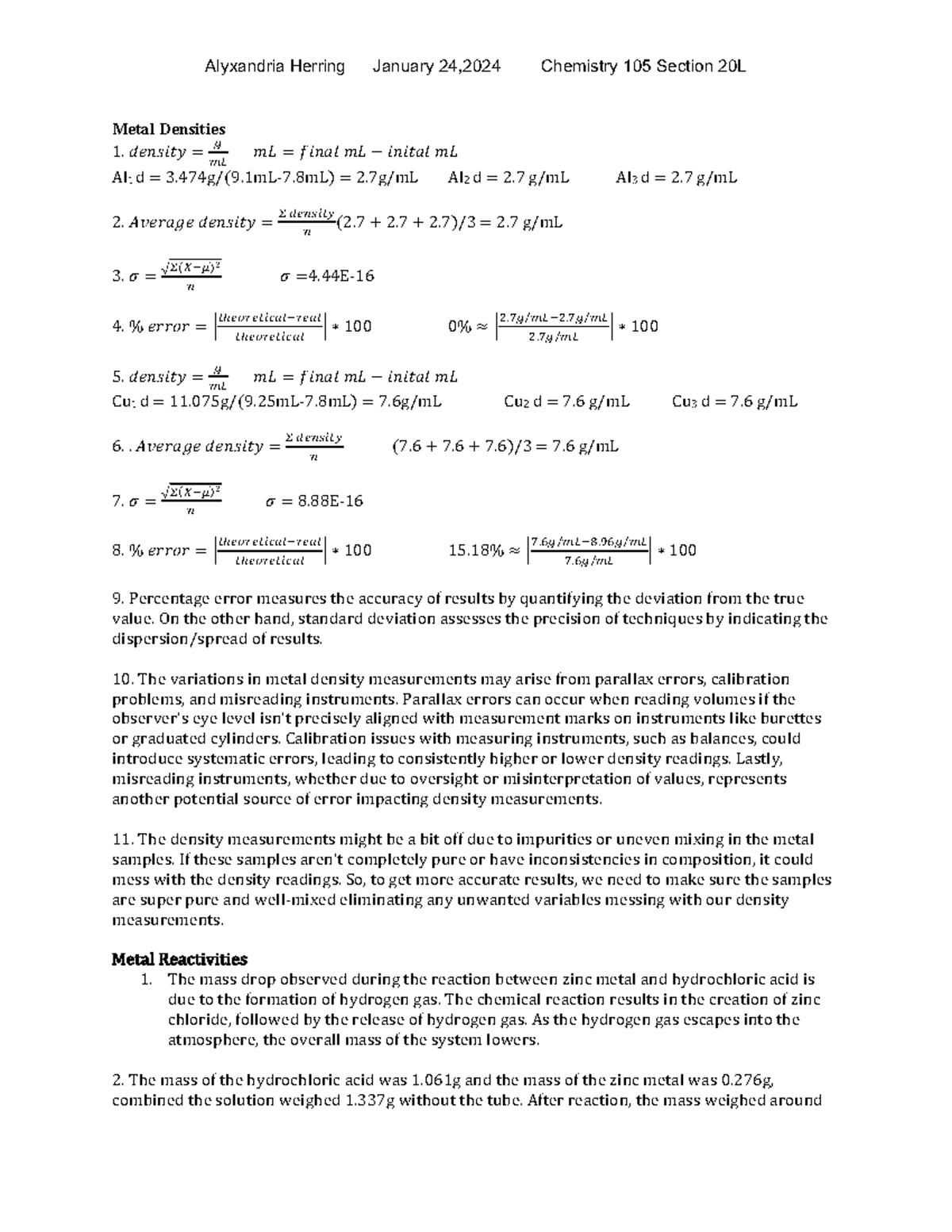 Chemistry 105 Lab Measurements I: Metal Densities Post-Lab Analysis ...