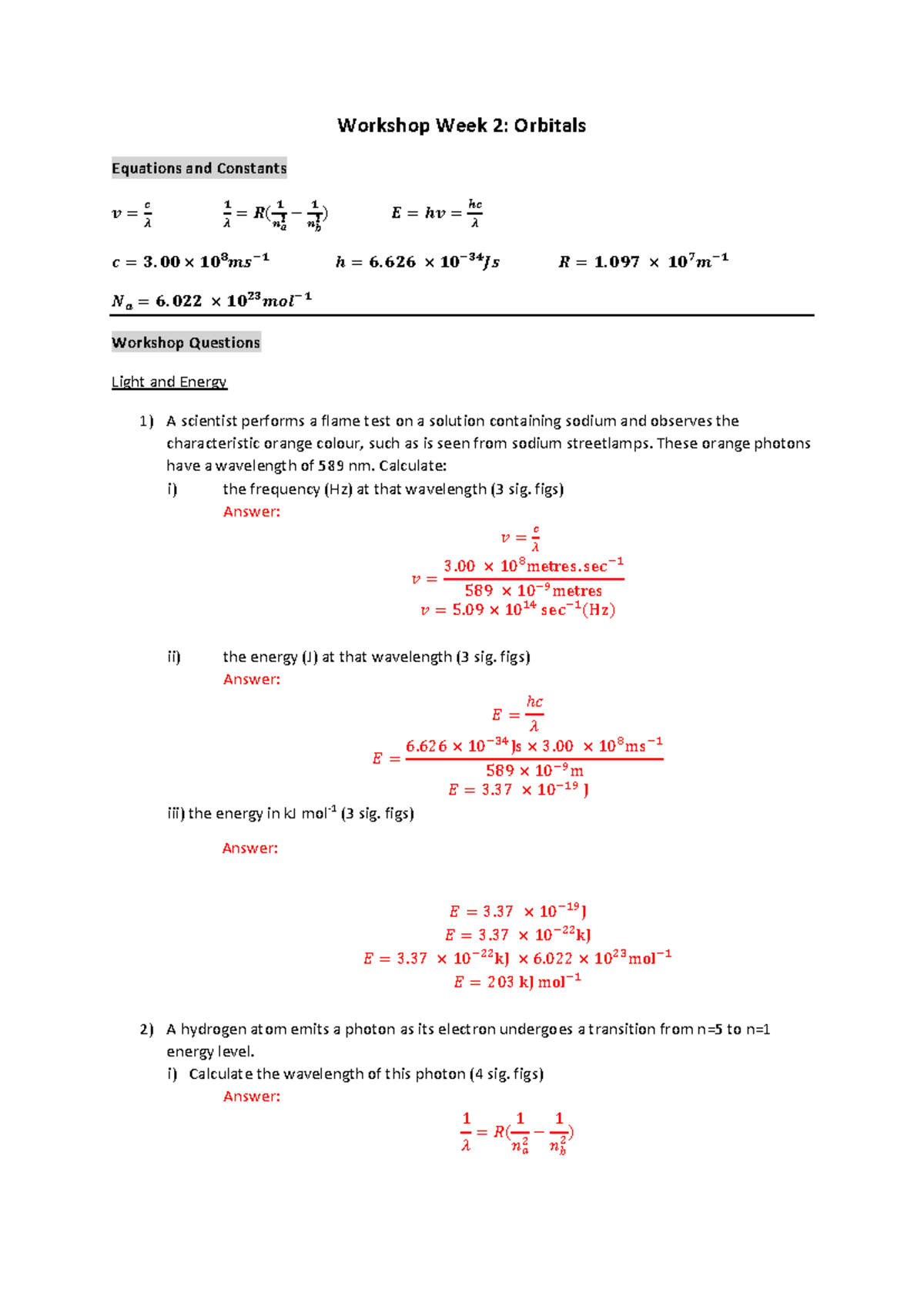 Workshop Week 2: Orbitals, Equations & Constants - W2 Worksheet Answers - Studocu