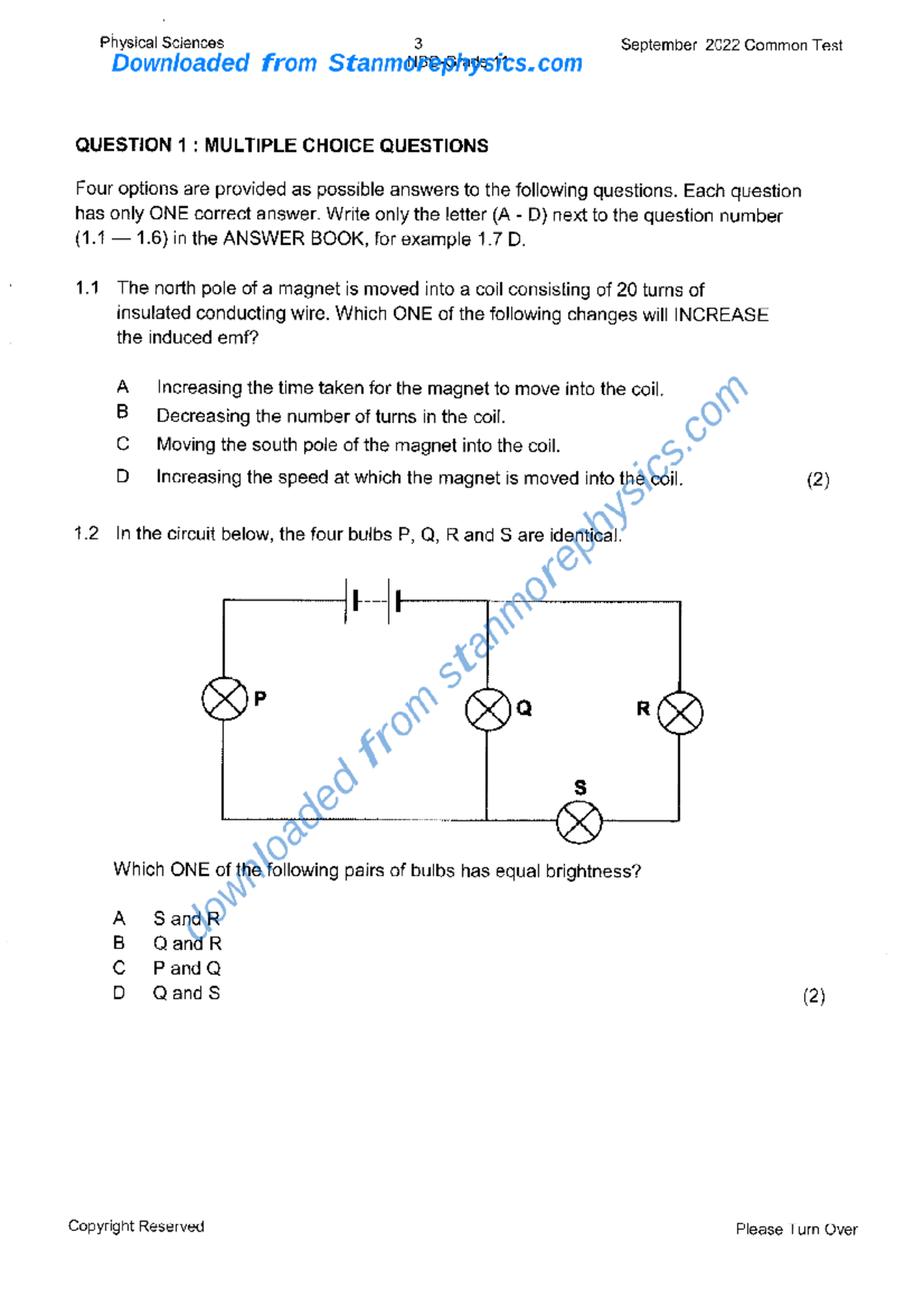 Grade 11 Physical Sciences: Electromagnetism MCQ Test Questions - Studocu
