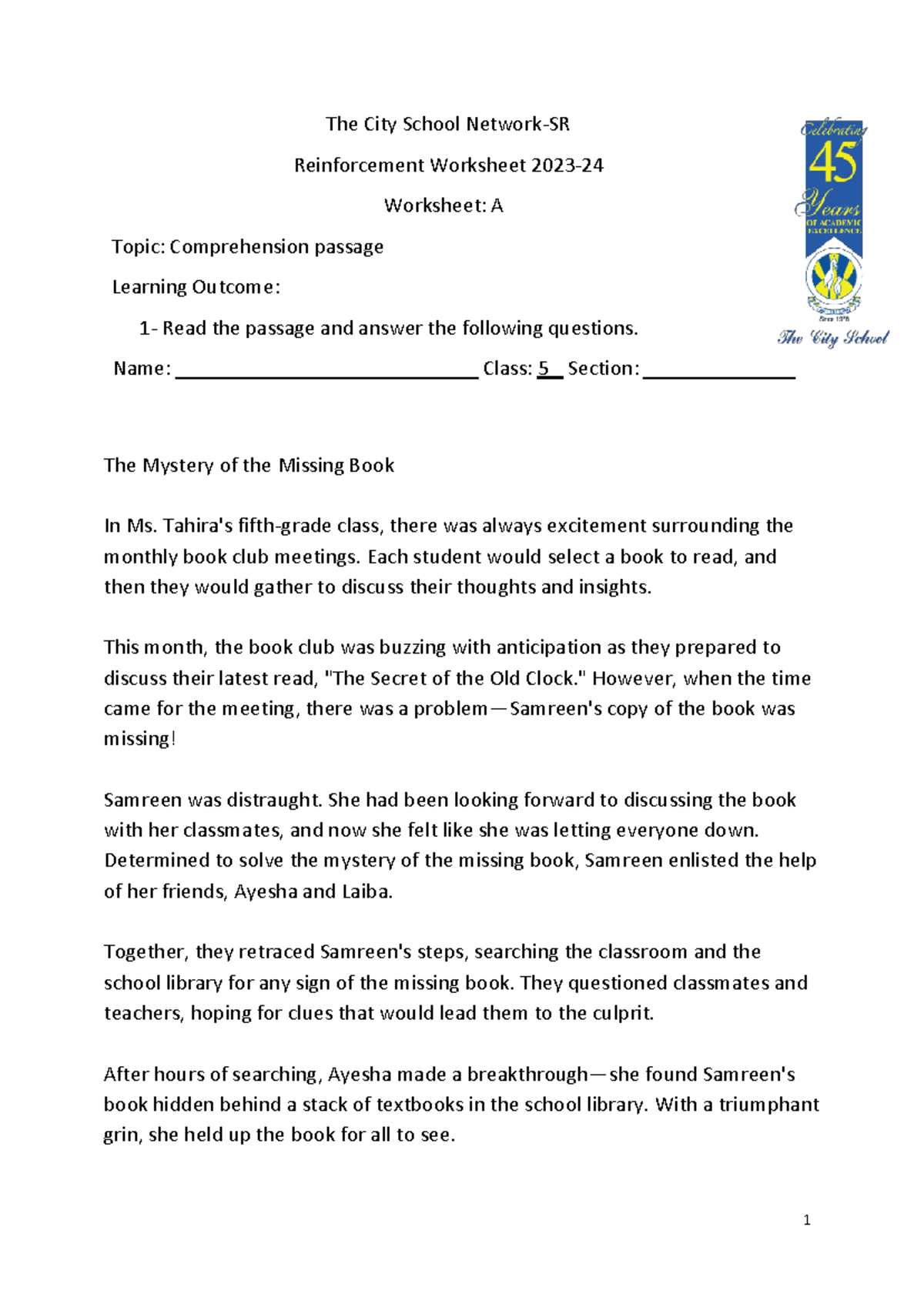 Grade 5 Comprehension Worksheet A - The Mystery of the Missing Book ...