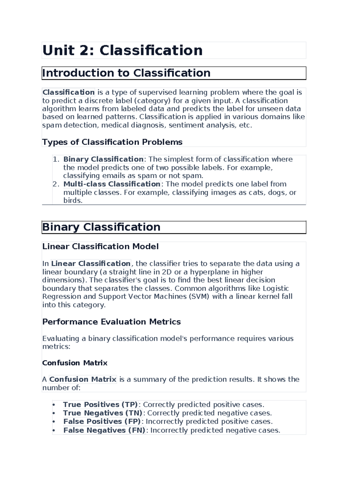 ML Unit 2: Introduction to Classification and Algorithms - Studocu