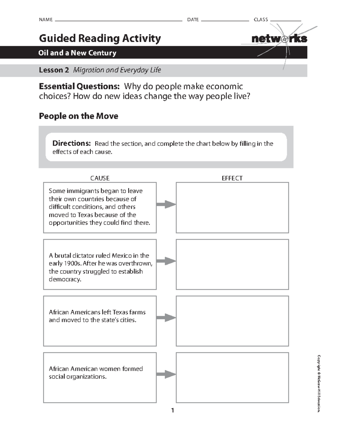Guided Reading Activity: Texas Immigration in the 1900s (Lesson 2 ...