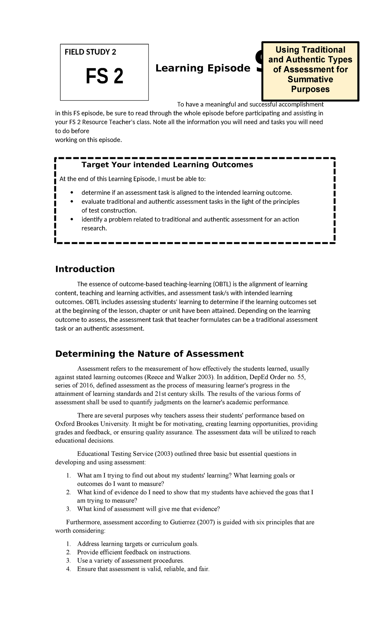 FS 2 Learning Episode 9: Traditional vs. Authentic Assessment for ...