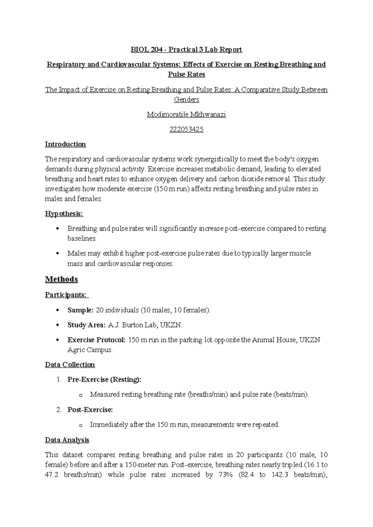 BIOL 204 Practical 3 Lab Report: Exercise Effects on Breathing & Pulse ...