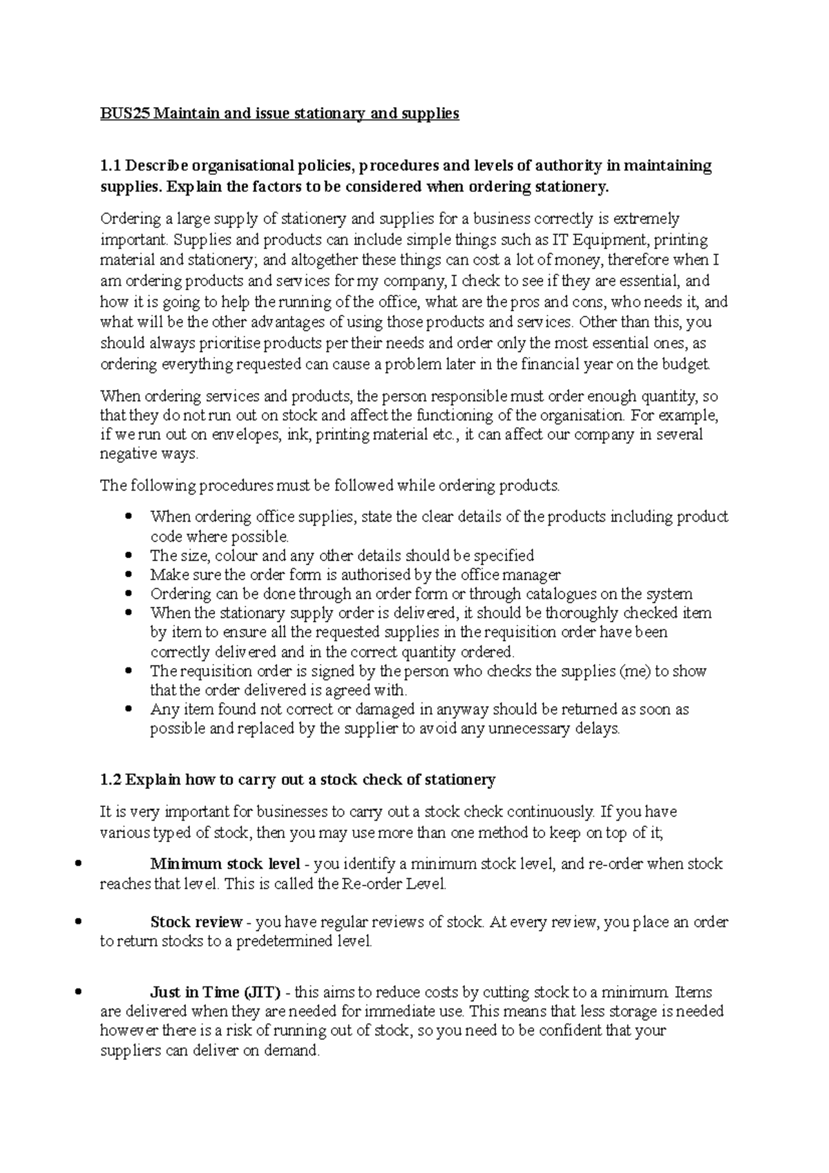 BUS25 - Business Administration Essay on Maintaining Office Supplies ...