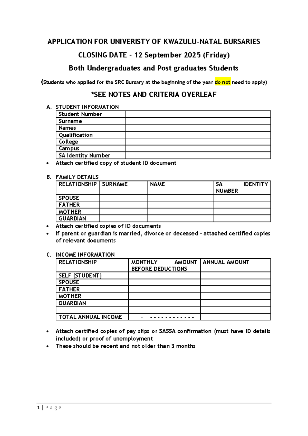 UKZN Bursary Application Form 2025 - Closing Date: 12 Sept - Studocu